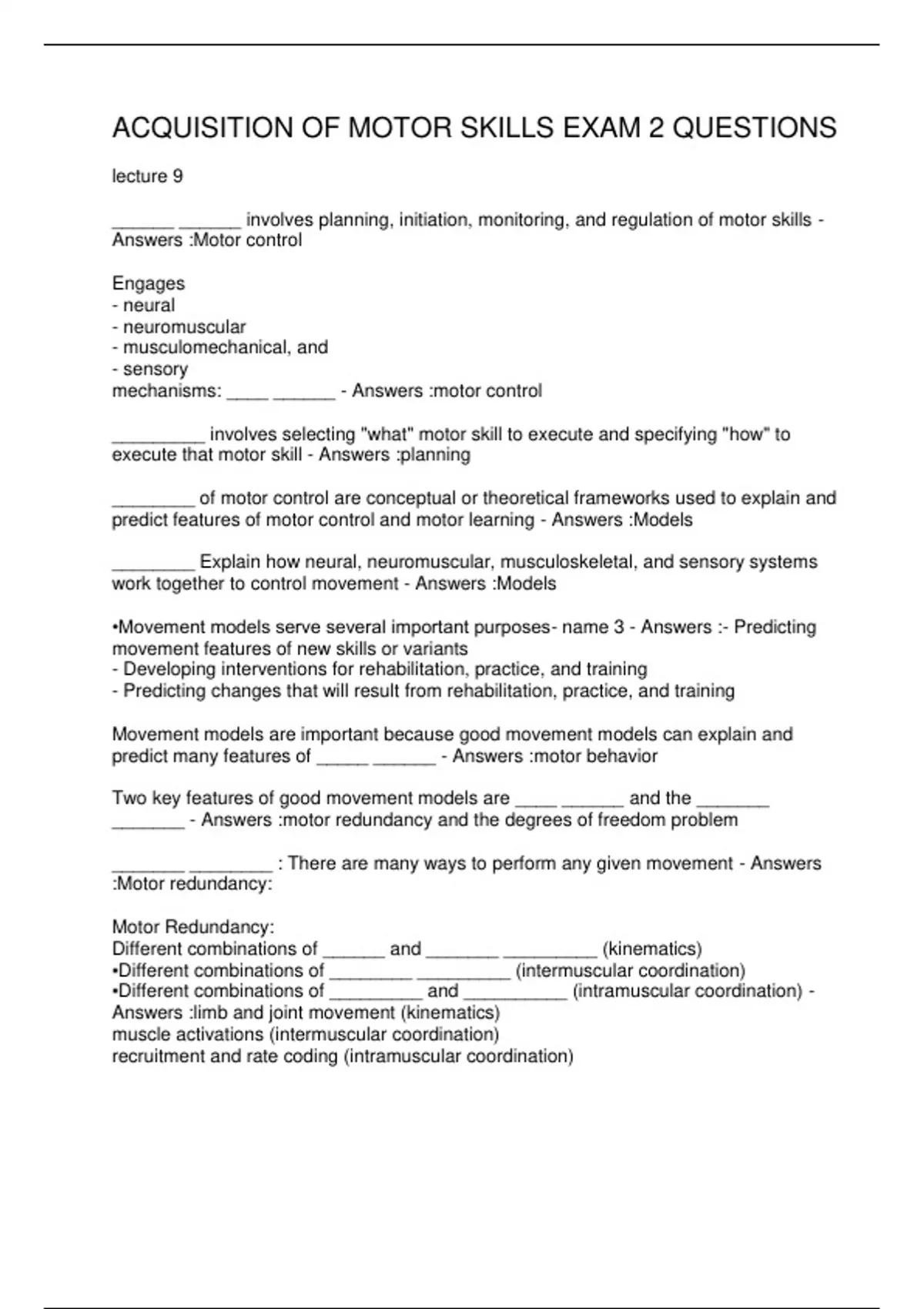 ACQUISITION OF MOTOR SKILLS EXAM 2 QUESTIONS - MOTOR SKILLS - Stuvia US