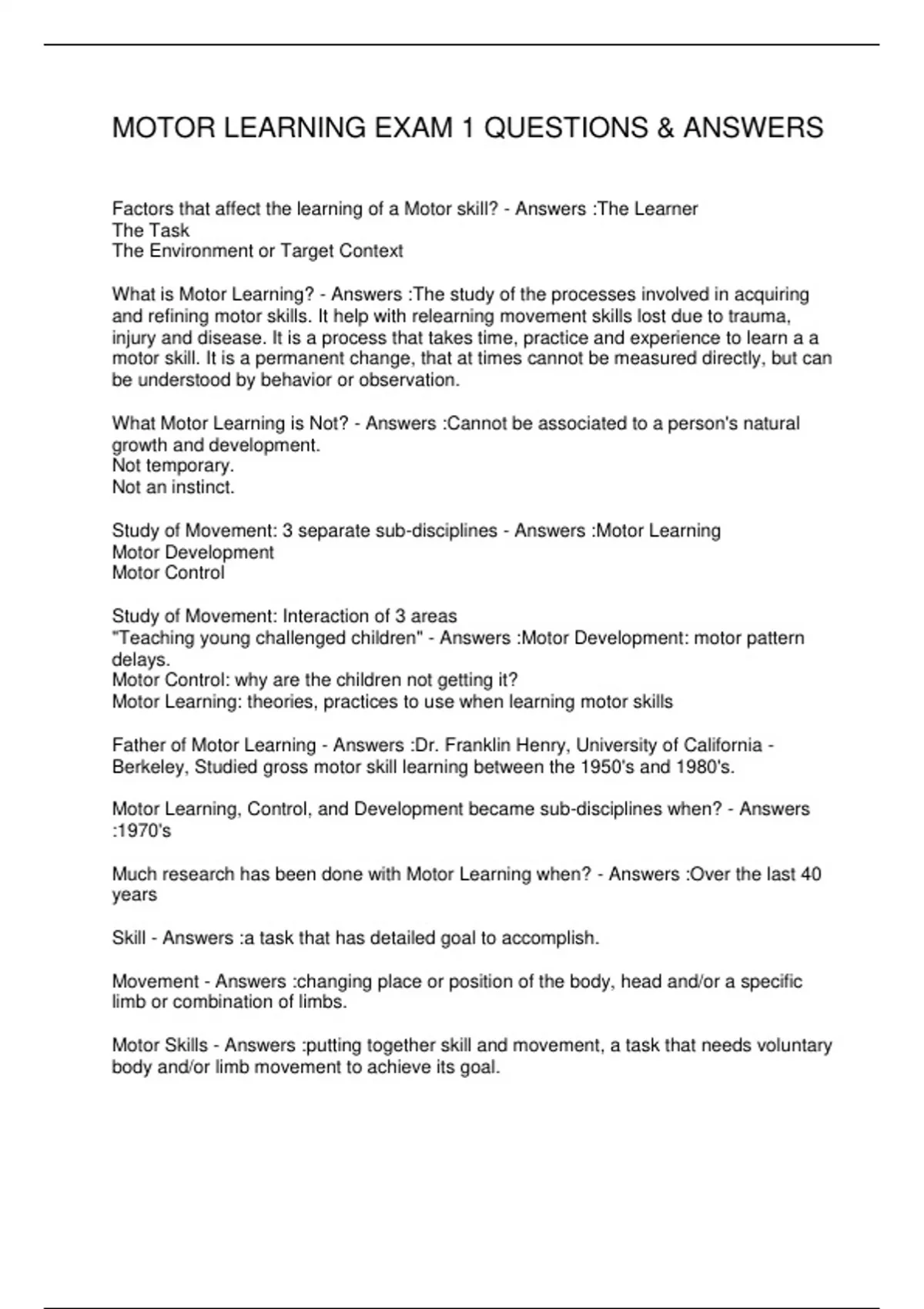 MOTOR LEARNING EXAM 1 QUESTIONS & ANSWERS - MOTOR SKILLS - Stuvia US