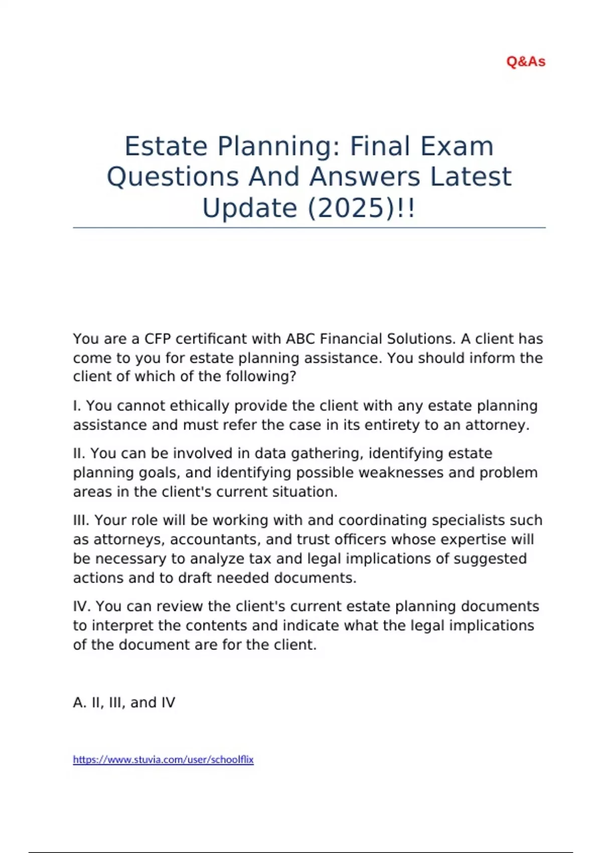 Estate Planning Final Exam Questions And Answers Latest Update (2025 ...
