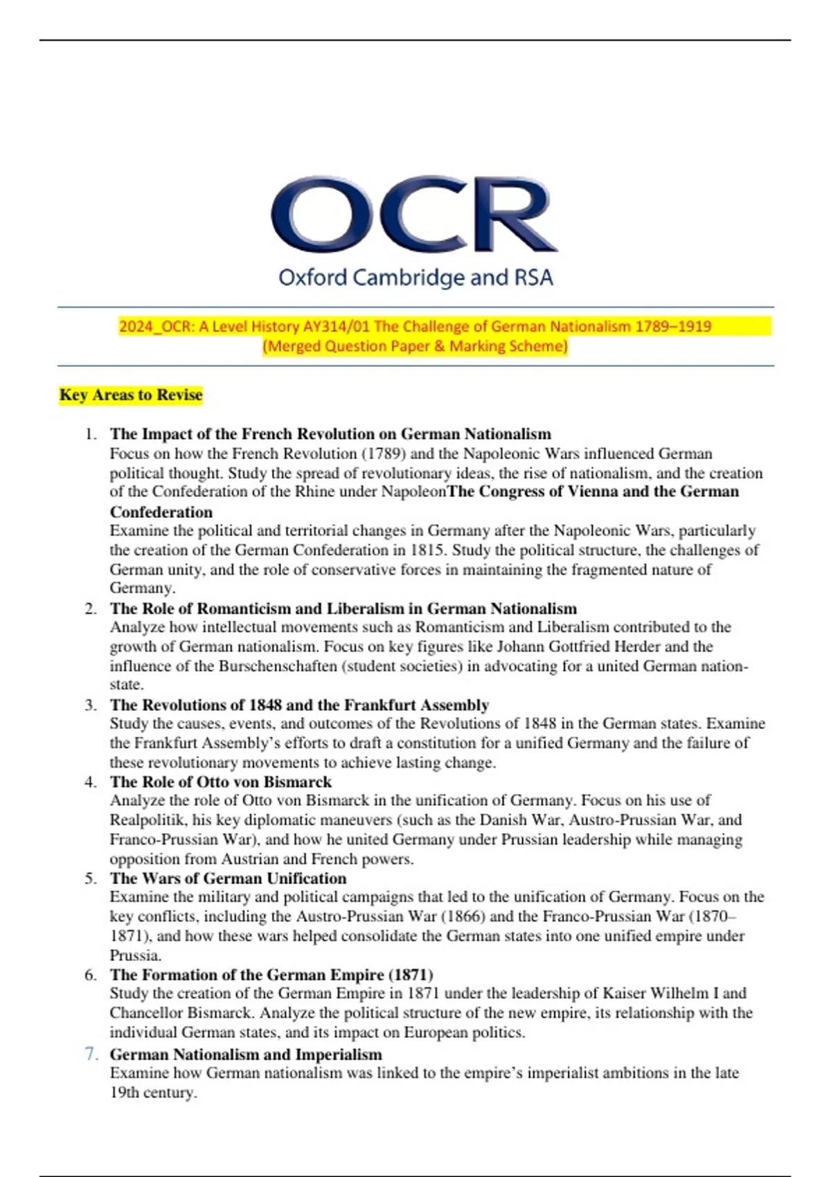 2024_OCR: A Level History AY314/01 The Challenge of German Nationalism ...