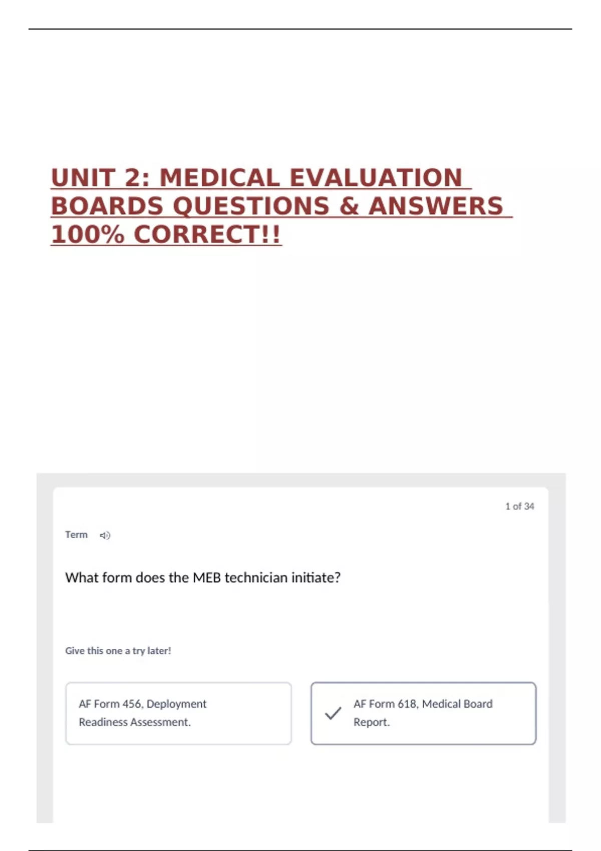 UNIT 2: MEDICAL EVALUATION BOARDS QUESTIONS & ANSWERS 100% CORRECT ...