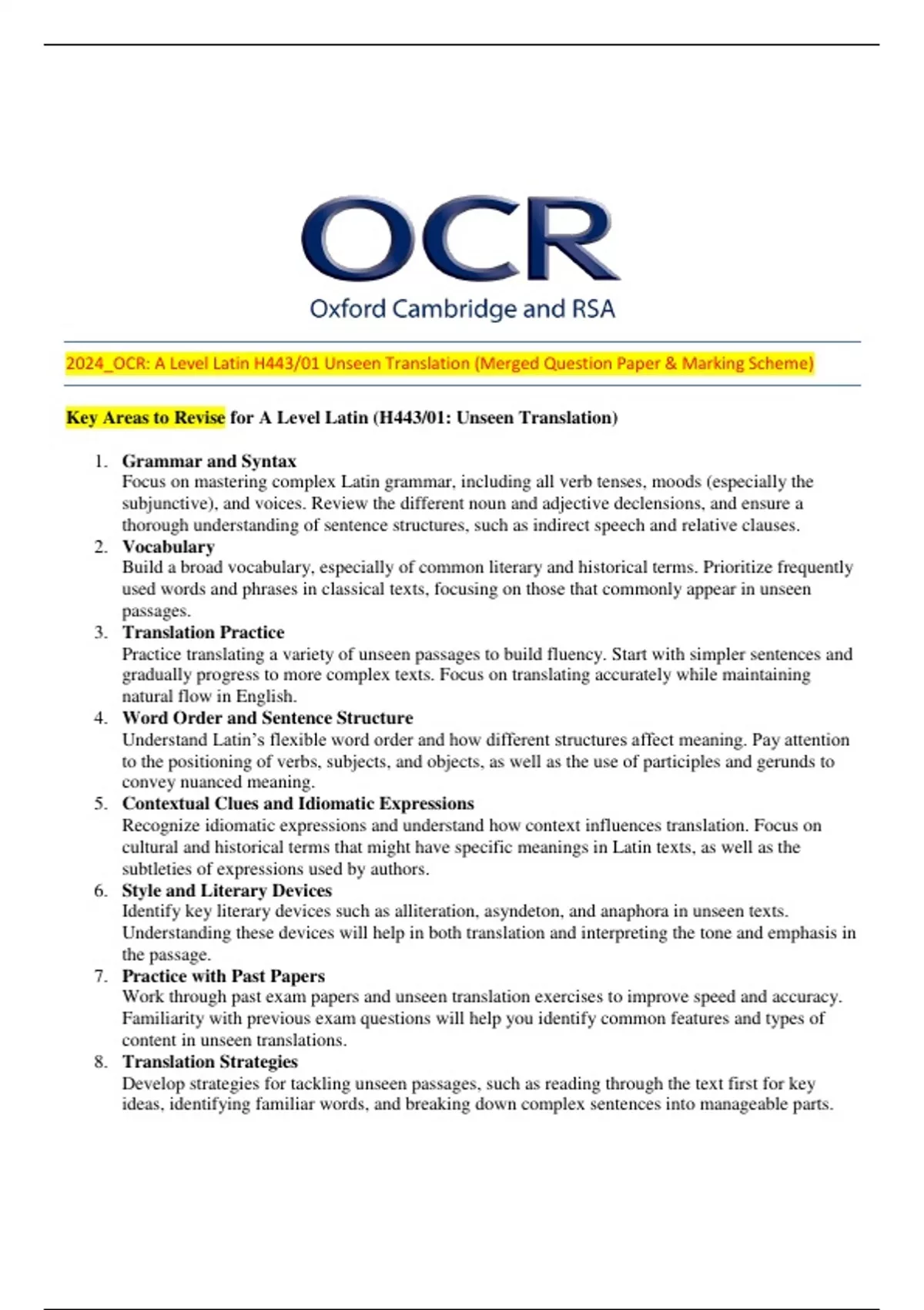 2024_OCR: A Level Latin H443/01 Unseen Translation (Merged Question ...