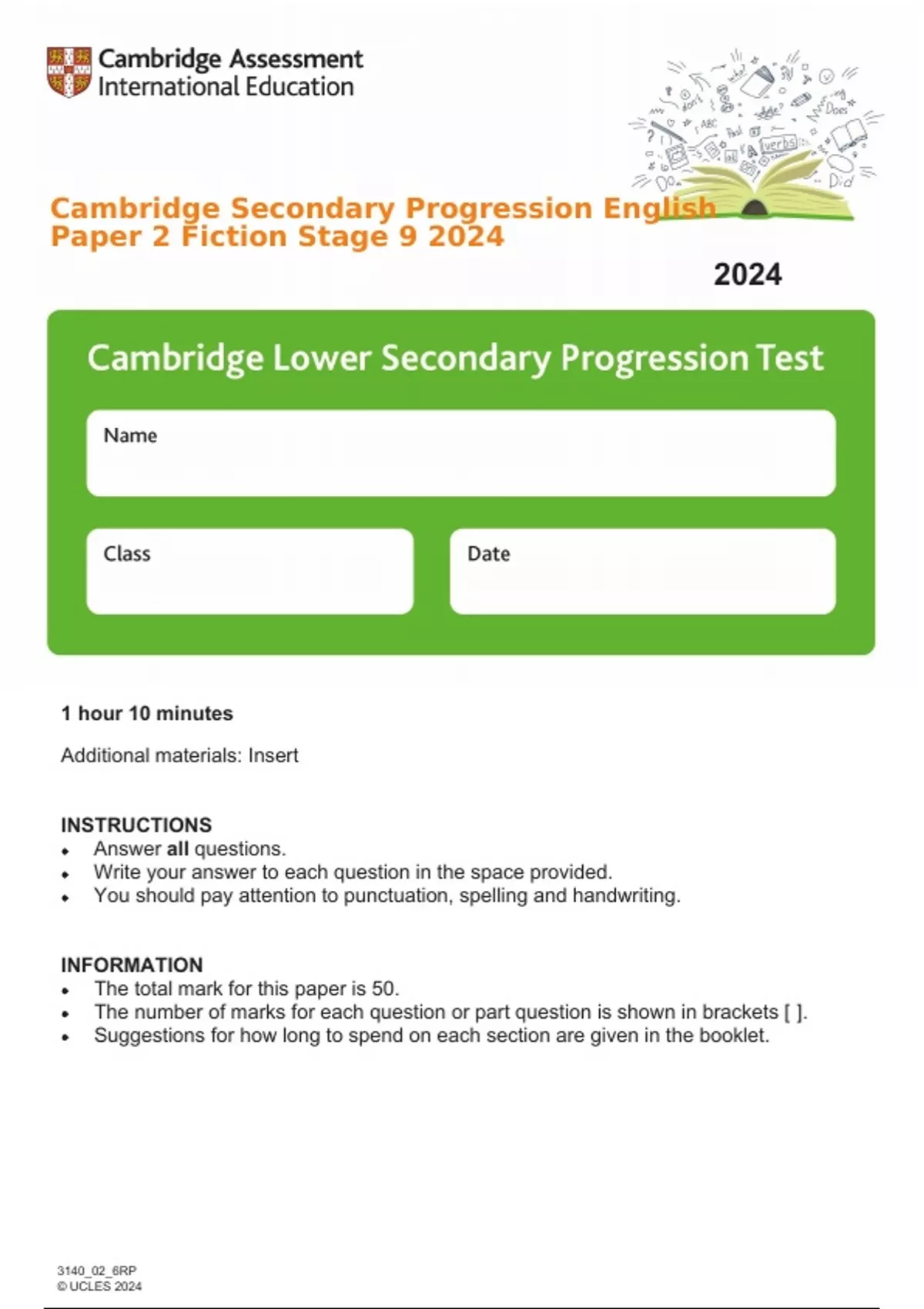 Cambridge Secondary Progression English Paper 2 Stage 9 2024 - Stuvia US