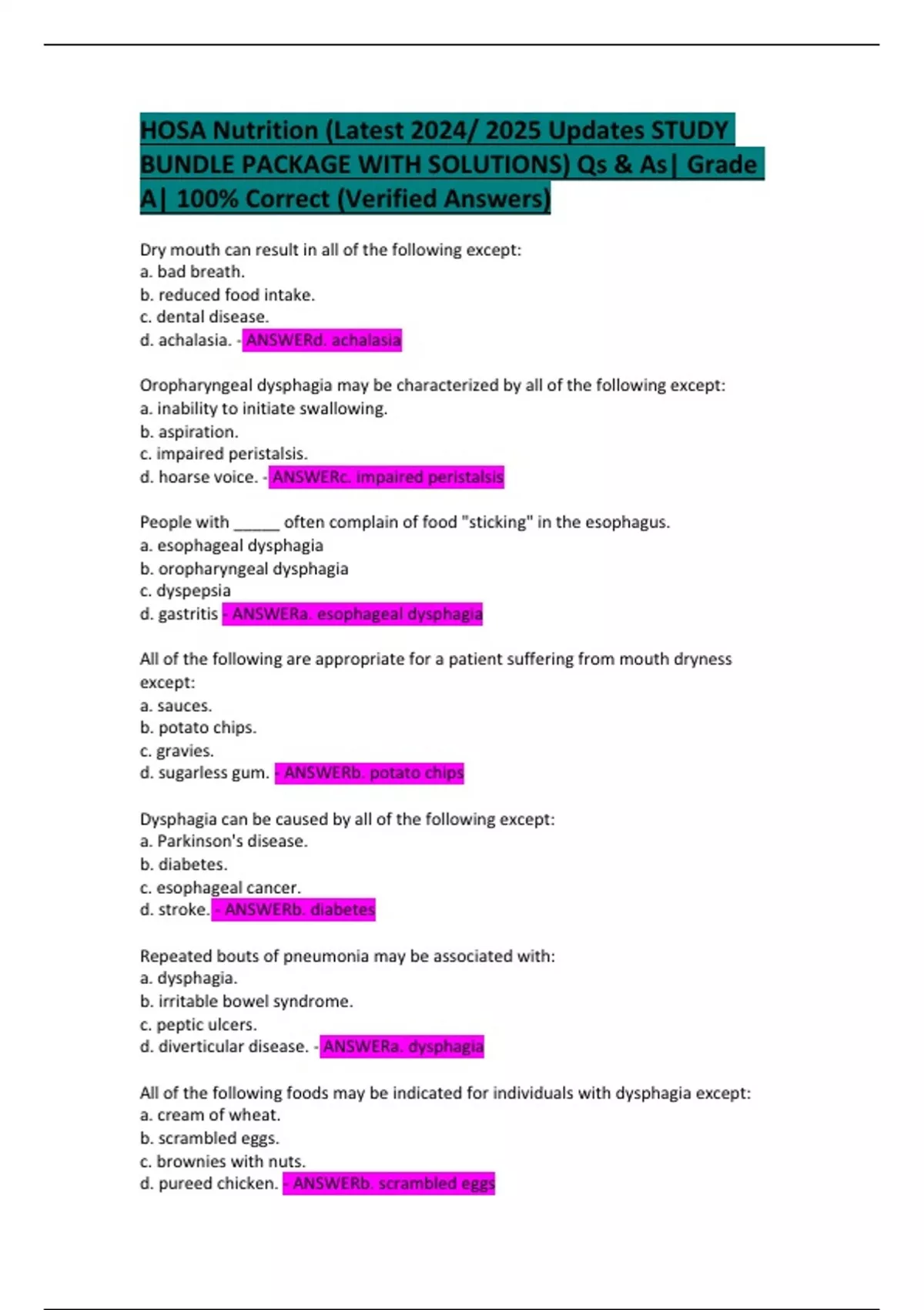 HOSA Nutrition (Latest 2024/ 2025 Updates STUDY BUNDLE PACKAGE WITH ...