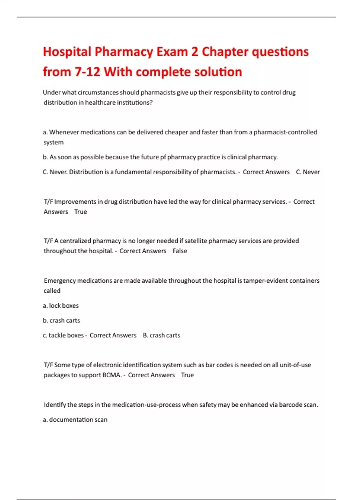Hospital Pharmacy Exam 2 Chapter questions from 7-12 With complete ...