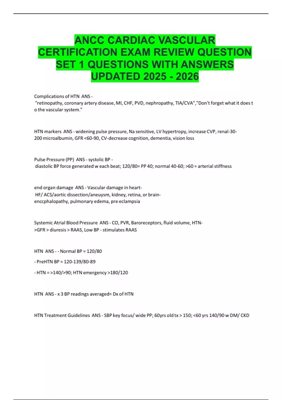 ANCC CARDIAC VASCULAR CERTIFICATION EXAM REVIEW QUESTION SET 1 QUESTIONS WITH ANSWERS UPDATED ...