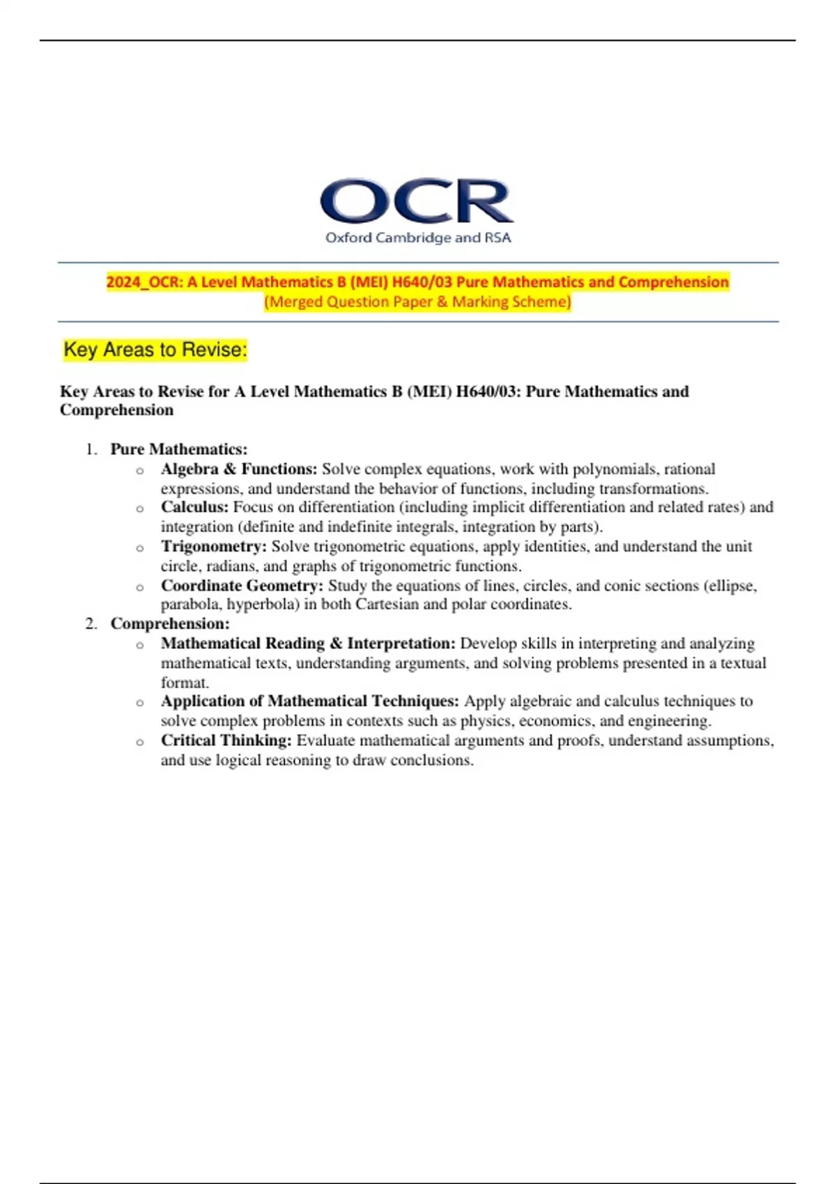 2024_OCR: A Level Mathematics B (MEI) H640/03 Pure Mathematics and ...