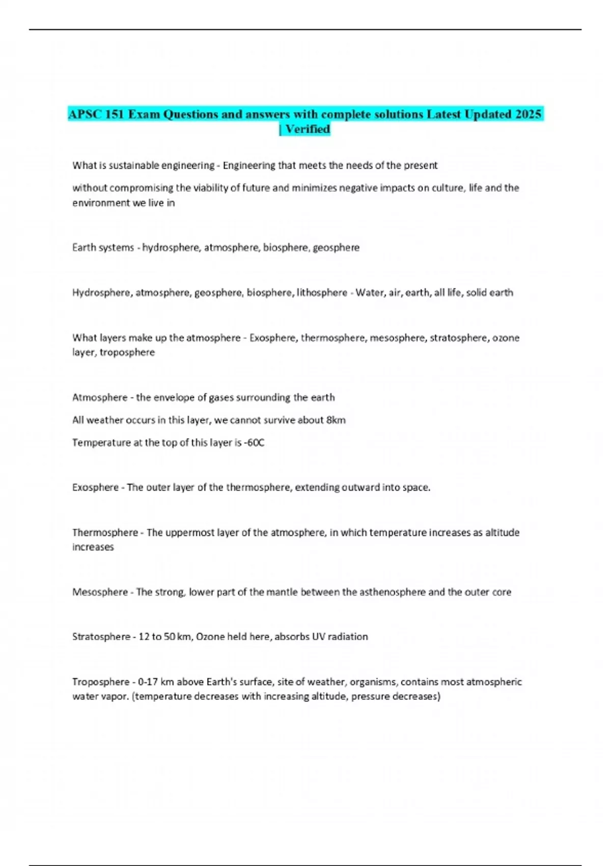 APSC 151 Exam Questions and answers with complete solutions Latest ...