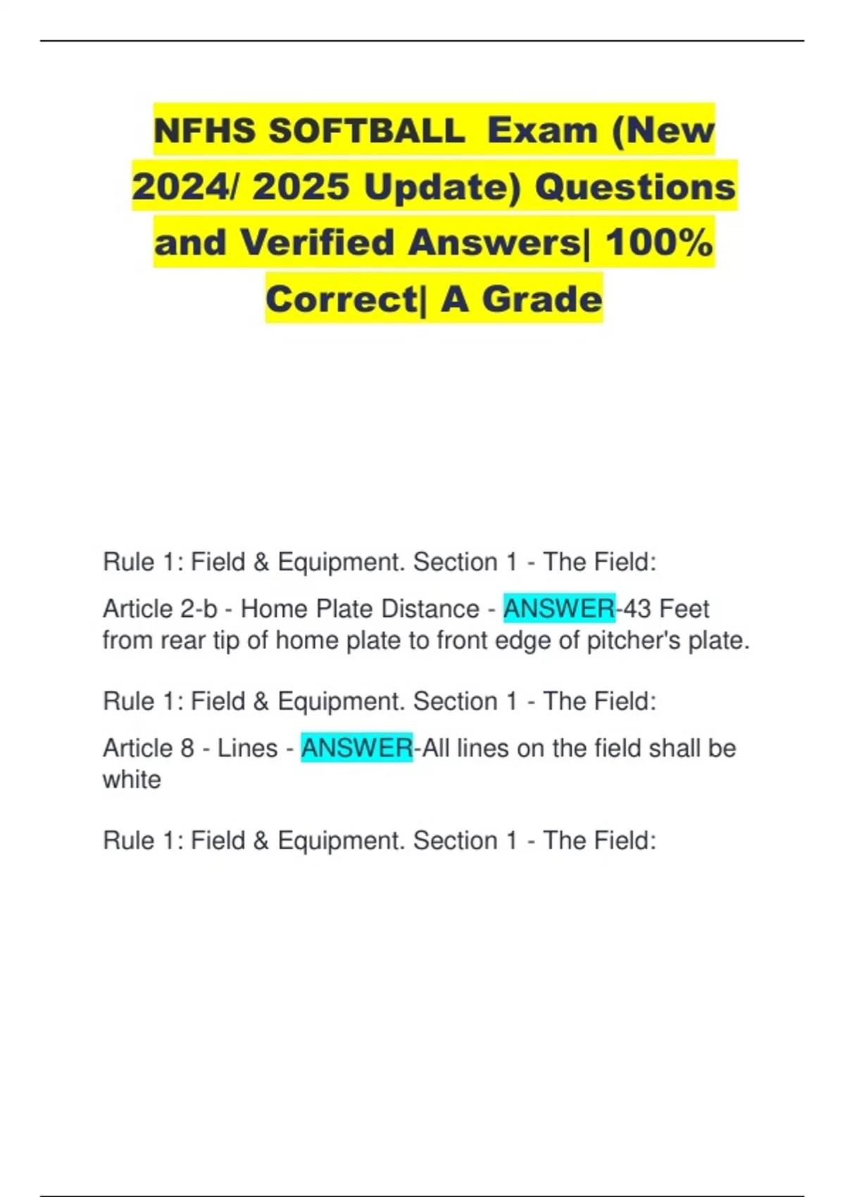 NFHS SOFTBALL Exam (New 2024/ 2025 Update) Questions and Verified Answers| 100% Correct| A Grade ...