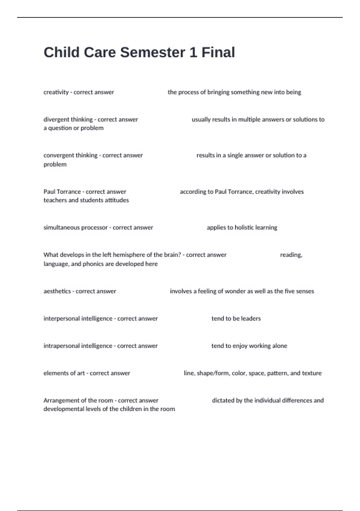 Child Care Semester 1 Final Exam Questions With All Complete And ...