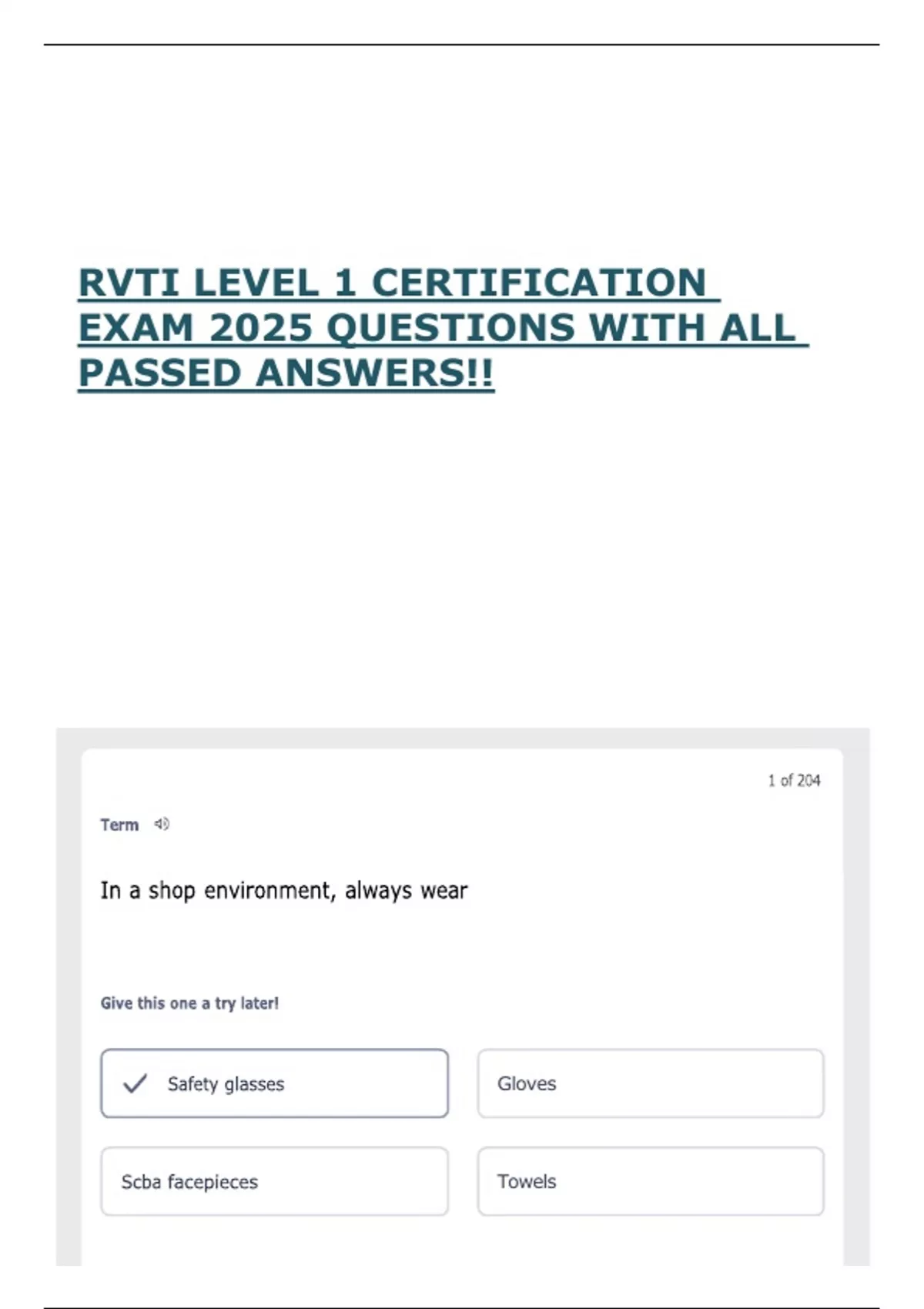 RVTI LEVEL 1 CERTIFICATION EXAM 2025 QUESTIONS WITH ALL PASSED ANSWERS ...