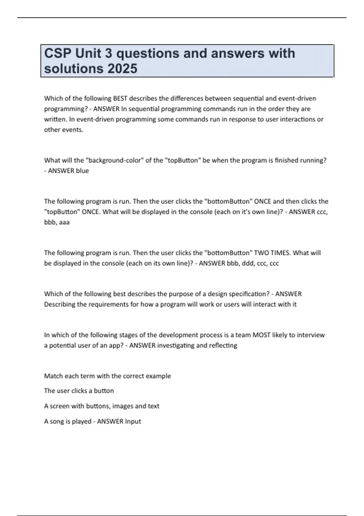 CSP Unit 3 questions and answers with solutions 2025 - CCC - Stuvia US