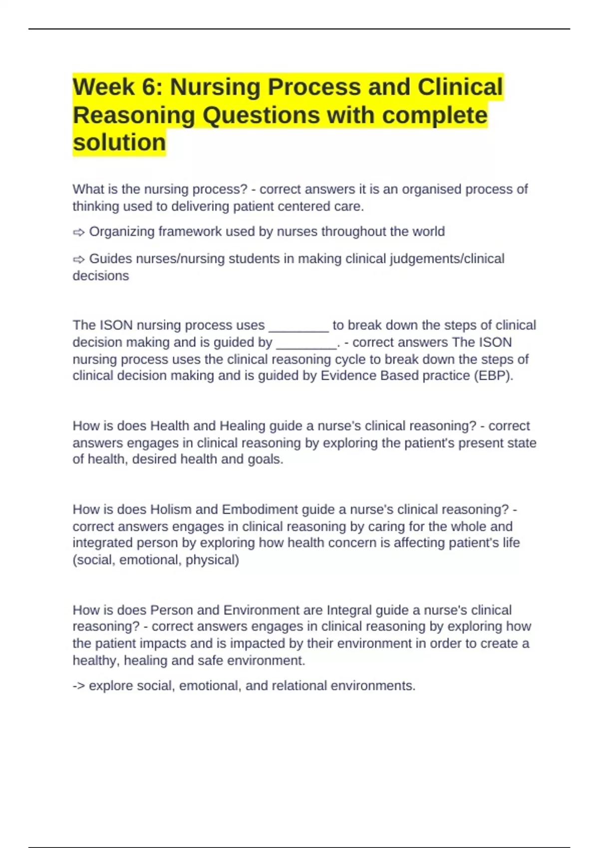 Week 6: Nursing Process and Clinical Reasoning Questions with complete ...