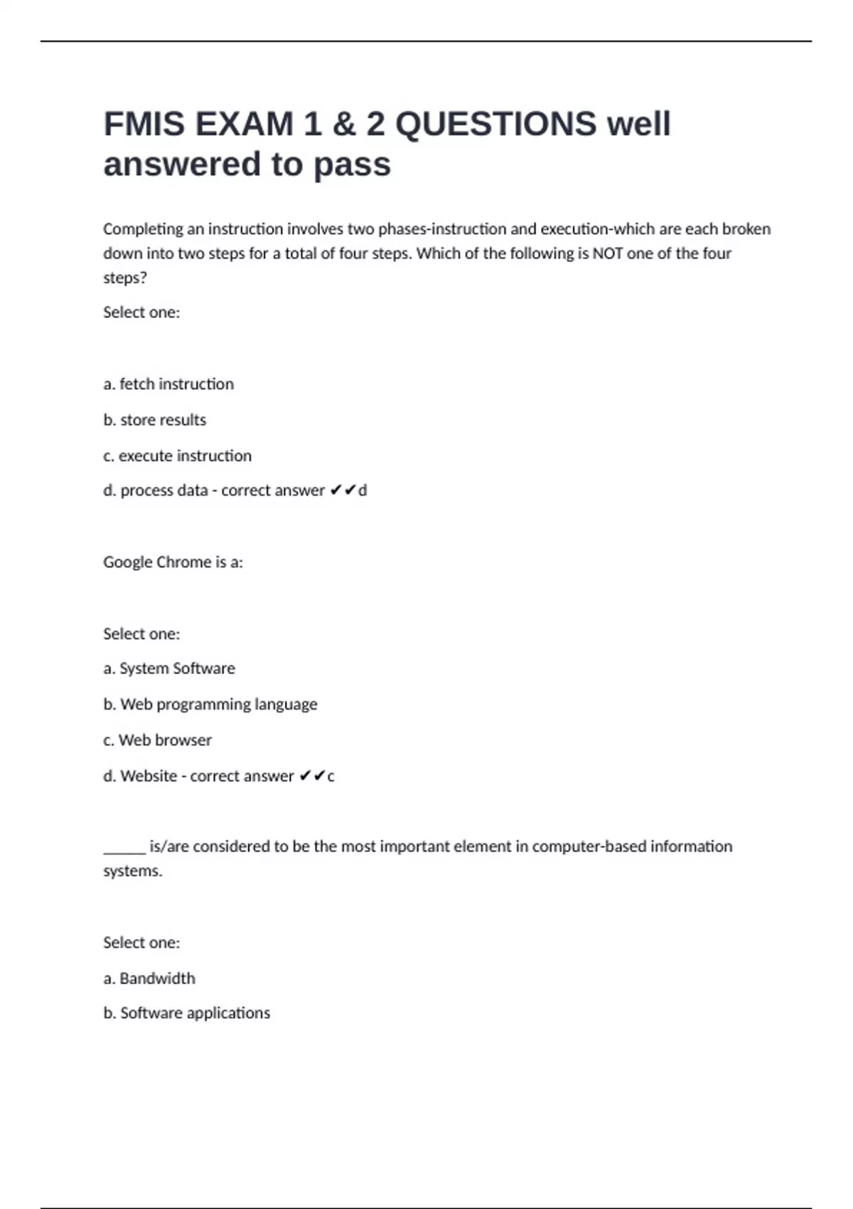 FMIS EXAM 1 & 2 QUESTIONS well answered to pass - FMIS - Stuvia US