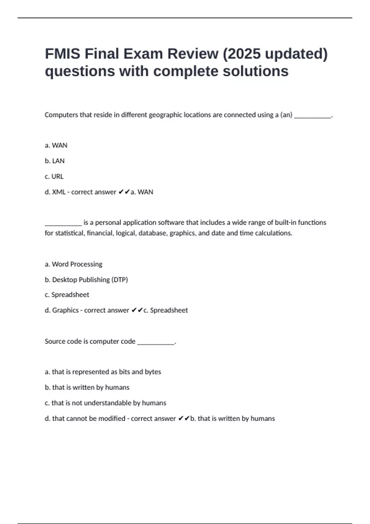 FMIS Final Exam Review (2025 updated) questions with complete solutions - FMIS - Stuvia US