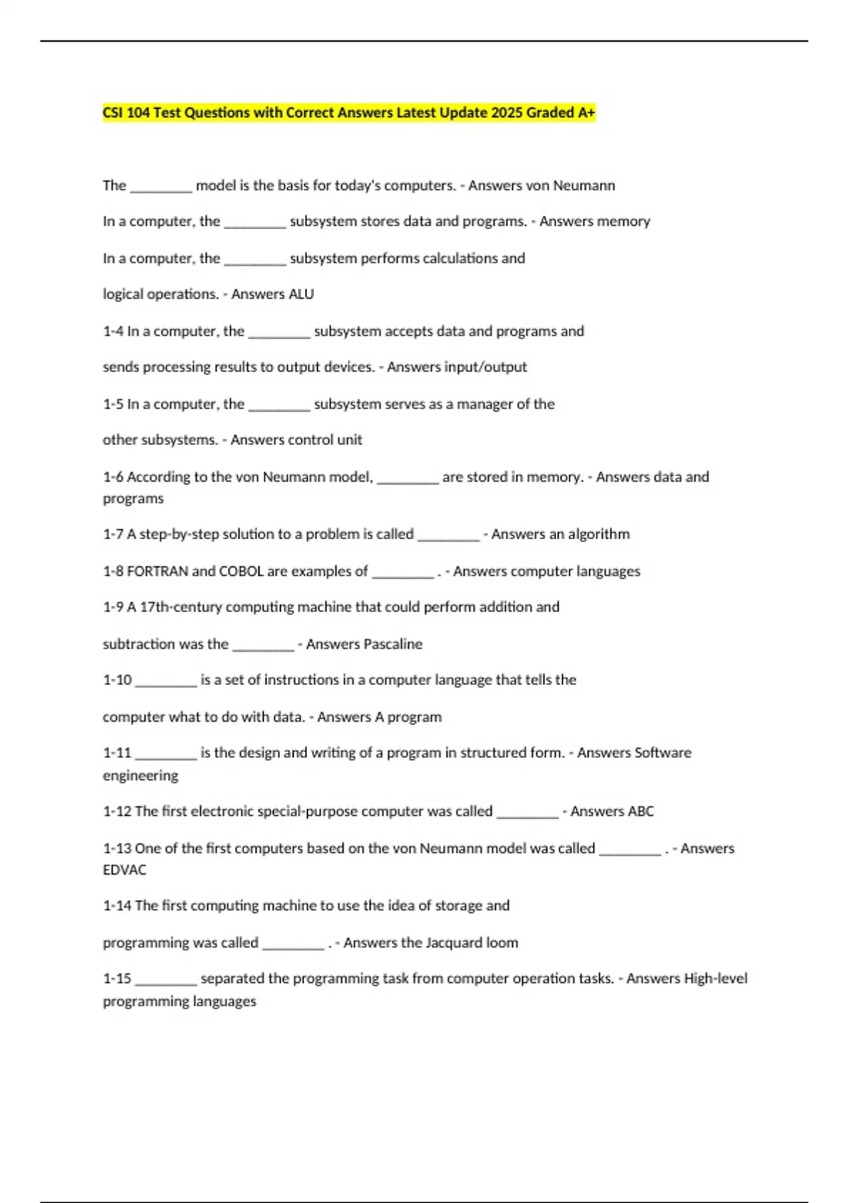 CSI 104 Test Questions with Correct Answers Latest Update 2025 Graded ...