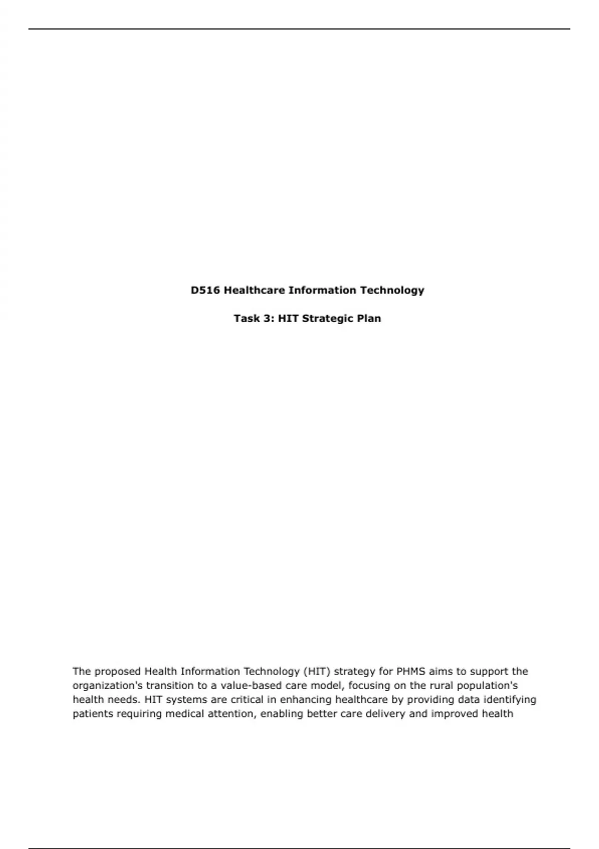 D516 Healthcare Information Technology Task 3: HIT Strategic Plan - D516 Healthcare Information ...