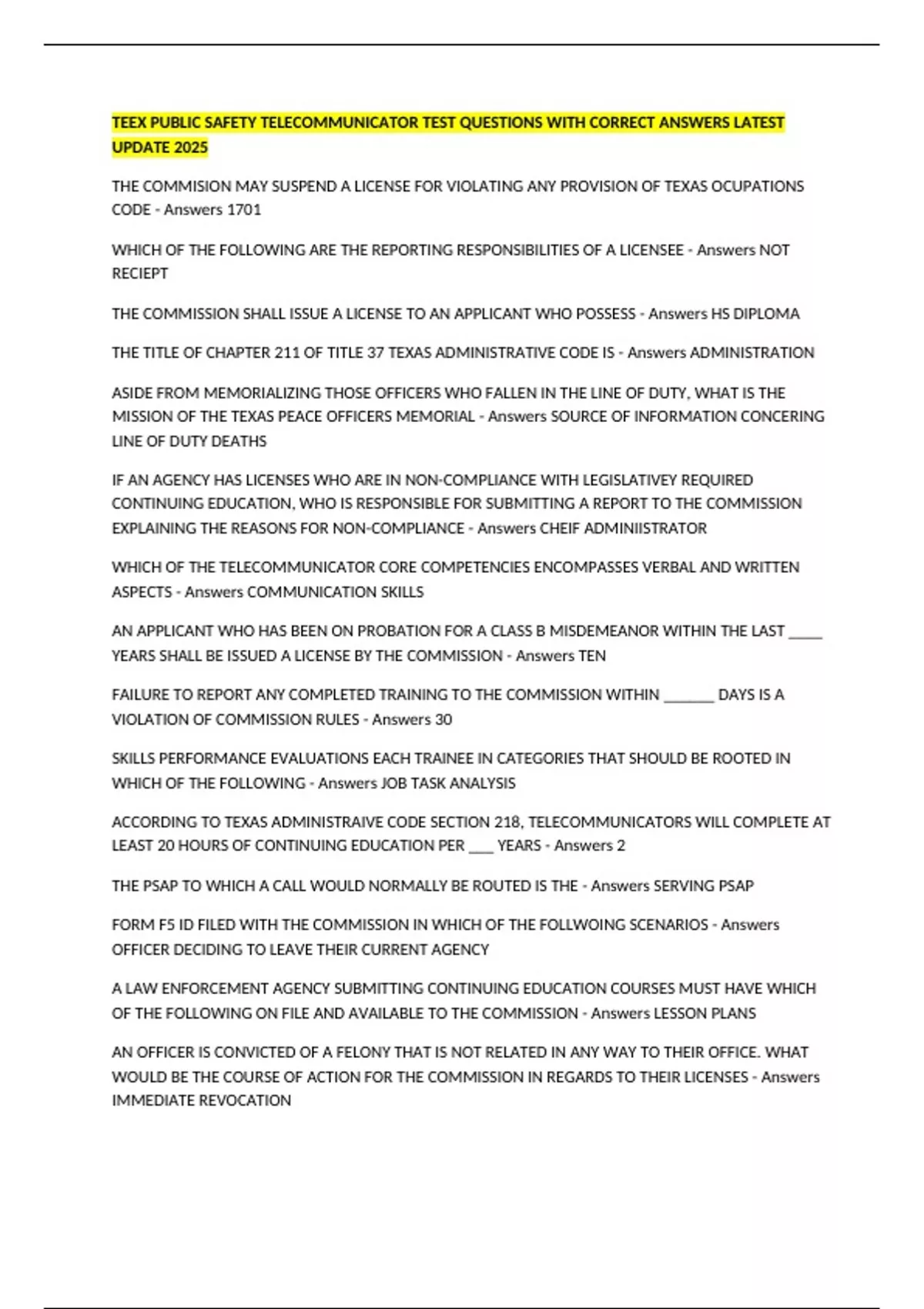 TEEX PUBLIC SAFETY TELECOMMUNICATOR TEST QUESTIONS WITH CORRECT ANSWERS ...