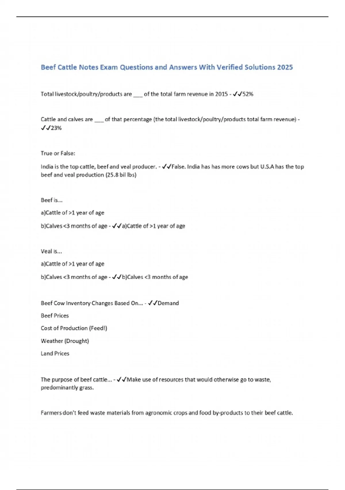 Beef Cattle Notes Exam Questions and Answers With Verified Solutions ...