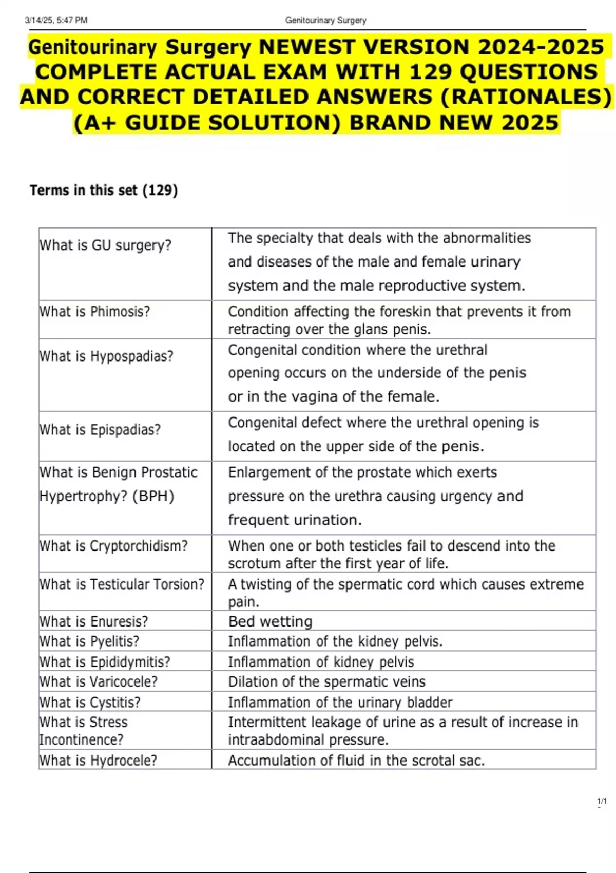 Genitourinary Surgery NEWEST VERSION COMPLETE ACTUAL EXAM WITH 129 ...