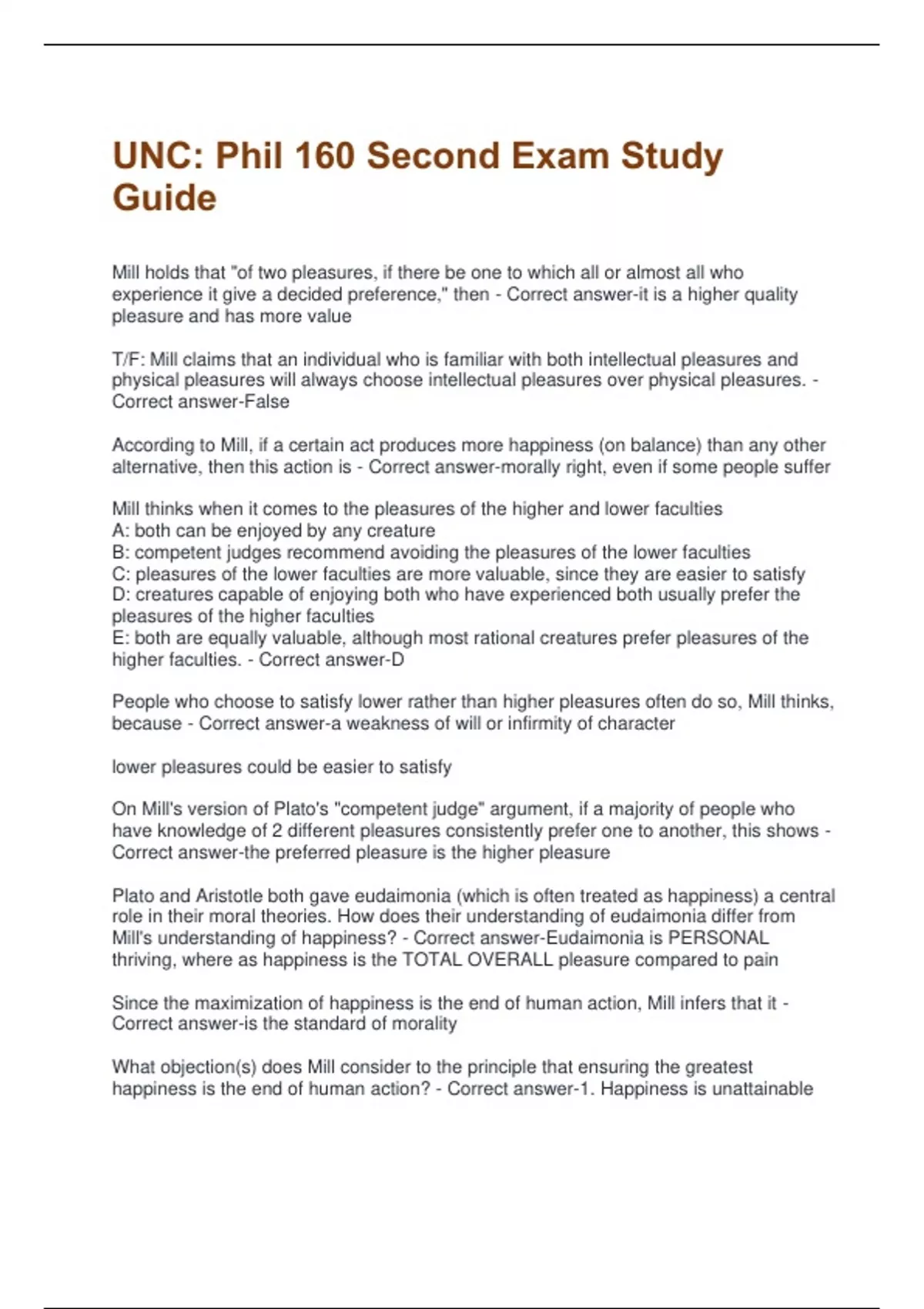 UNC: Phil 160 Second Exam Study Guide questions and answers all are ...
