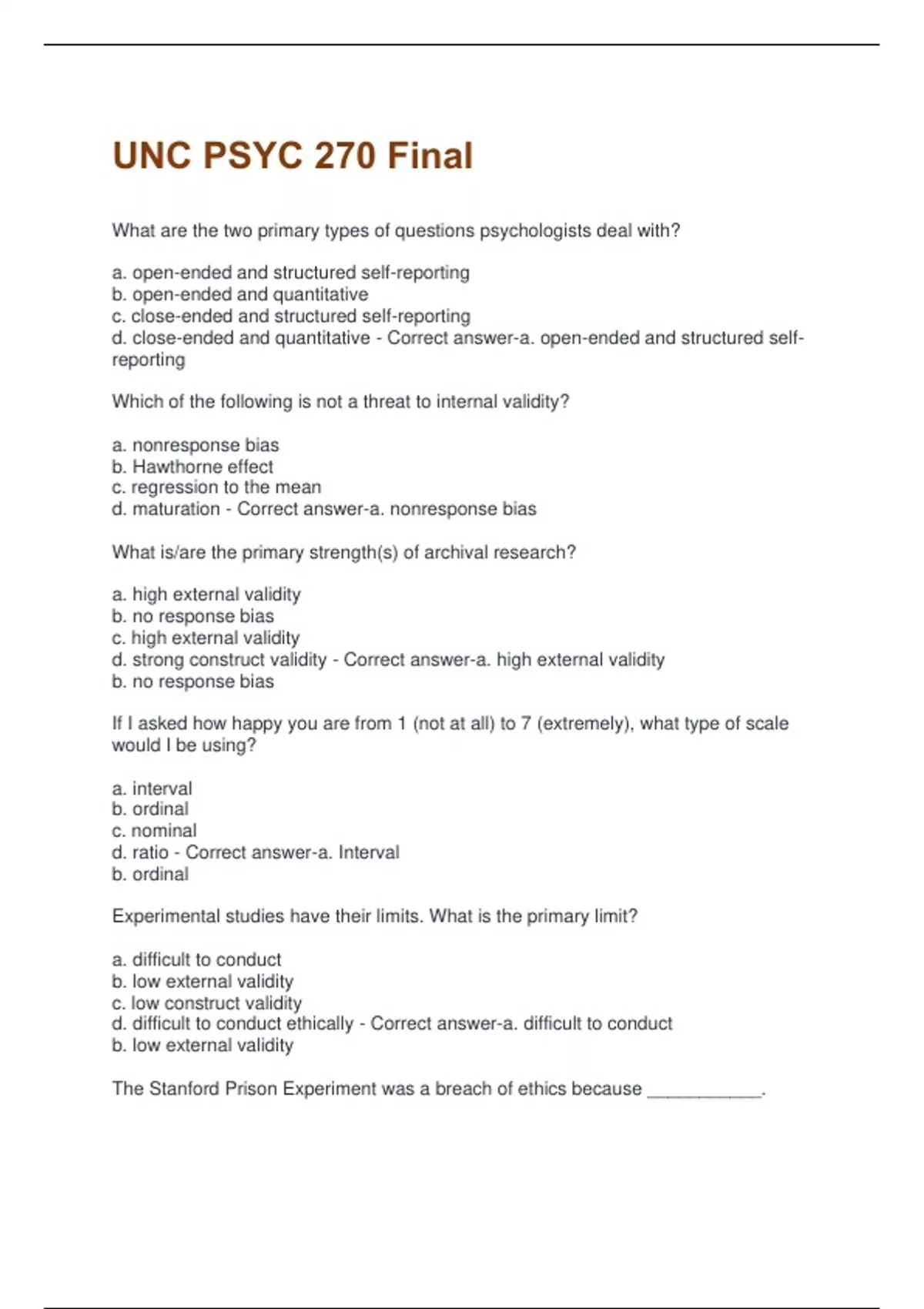 UNC PSYC 270 Final Questions and Answers | 2025 Update | 100% Correct - UNC PSYC 270 - Stuvia US