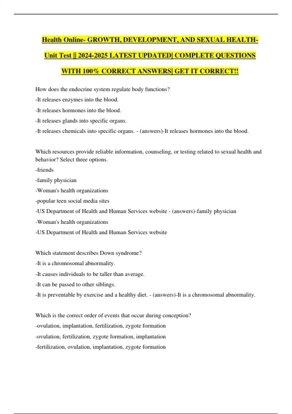 Health Online- GROWTH, DEVELOPMENT, AND SEXUAL HEALTH- Unit Test ...