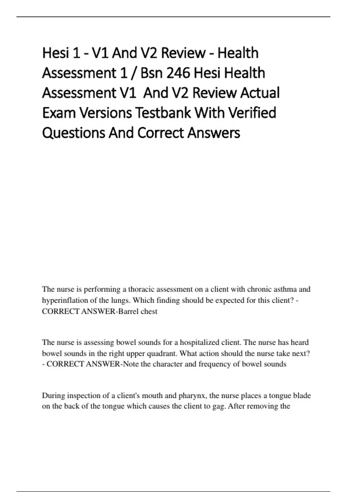 Hesi 1 - V1 And V2 Review - Health Assessment 1 / Bsn 246 Hesi Health ...