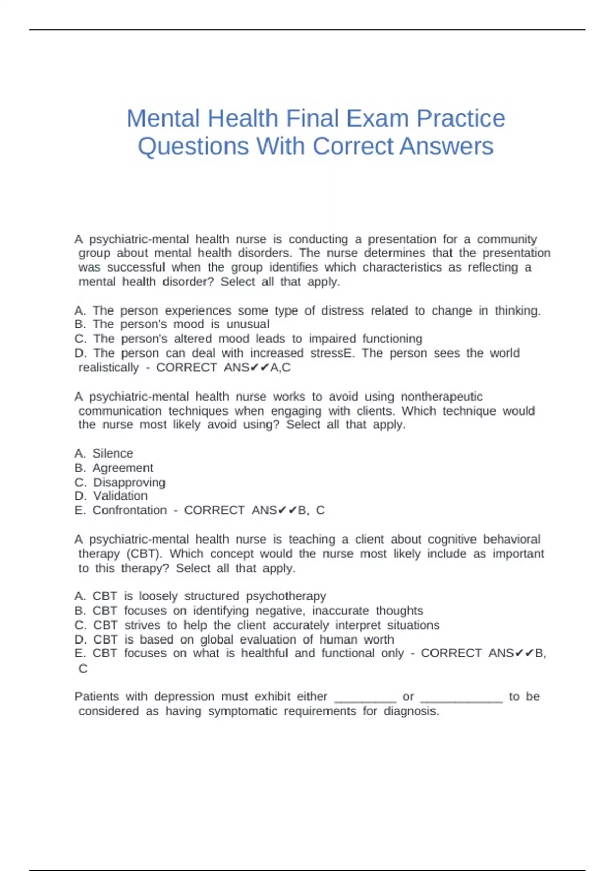 Mental Health Final Exam Practice Questions With Correct Answers ...