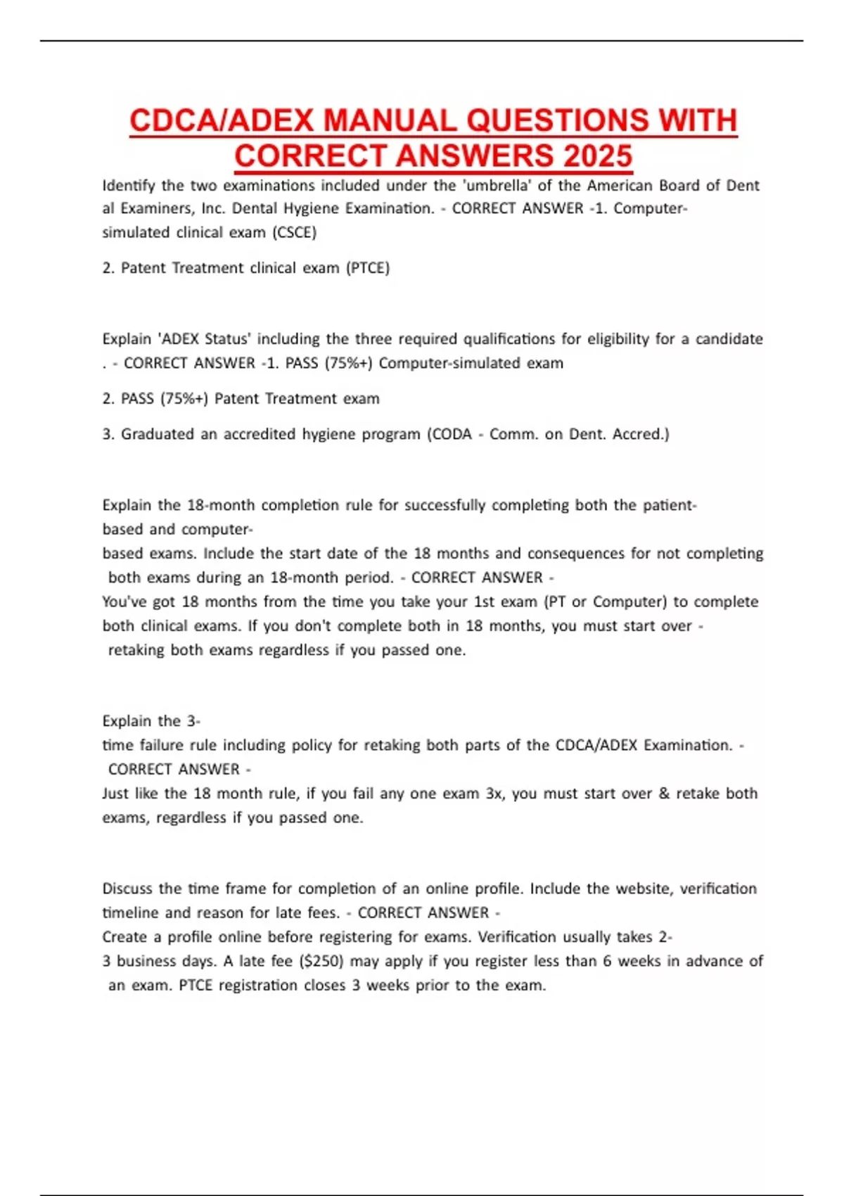 CDCA-ADEX MANUAL QUESTIONS WITH CORRECT ANSWERS 2025 - CDC - Stuvia US