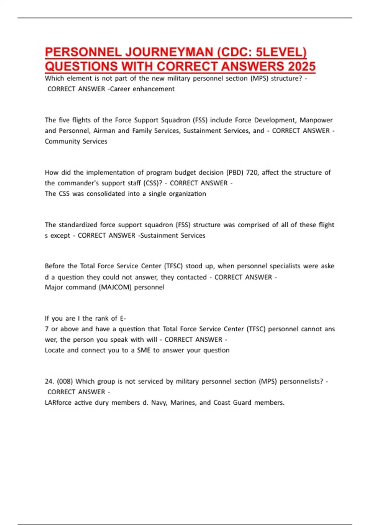 PERSONNEL JOURNEYMAN (CDC- 5LEVEL) QUESTIONS WITH CORRECT ANSWERS 2025 - CDC - Stuvia US