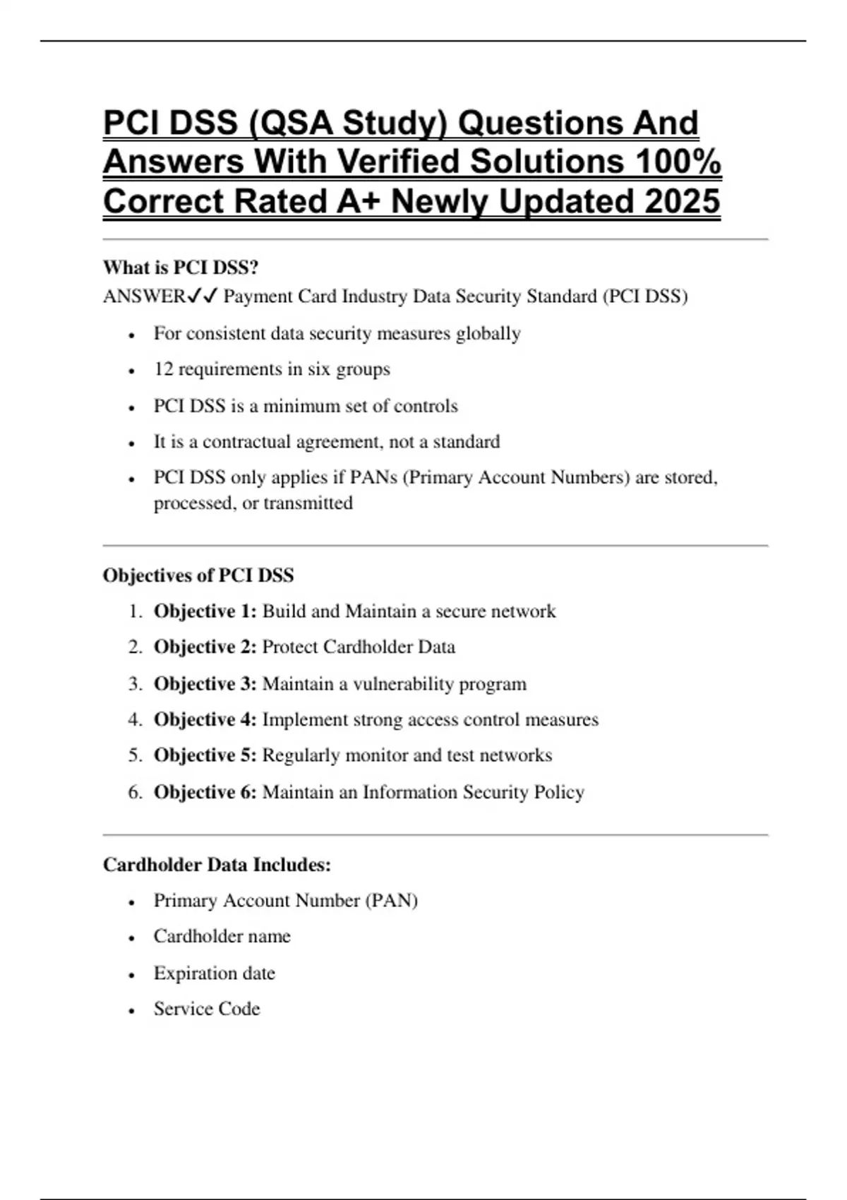 PCI DSS (QSA Study) Questions And Answers With Verified Solutions 100% Correct Rated A+ Newly ...