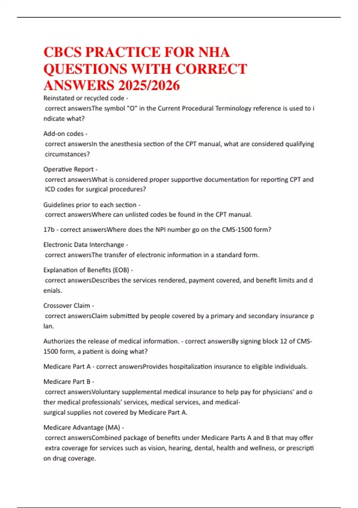CBCS PRACTICE FOR NHA QUESTIONS WITH CORRECT ANSWERS 2025 - CO NHA ...