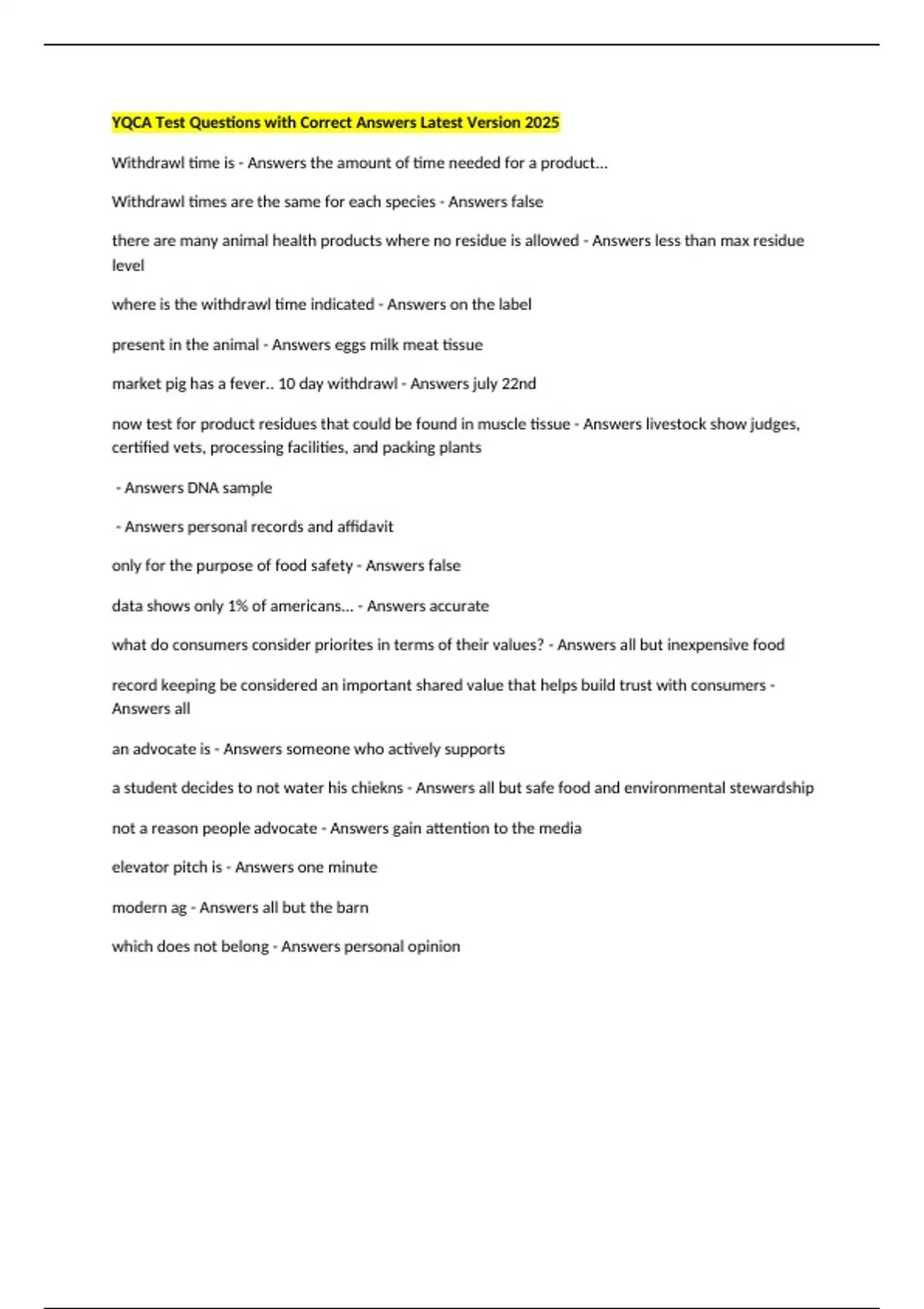 YQCA Test Questions with Correct Answers Latest Version 2025 - YQCA ...