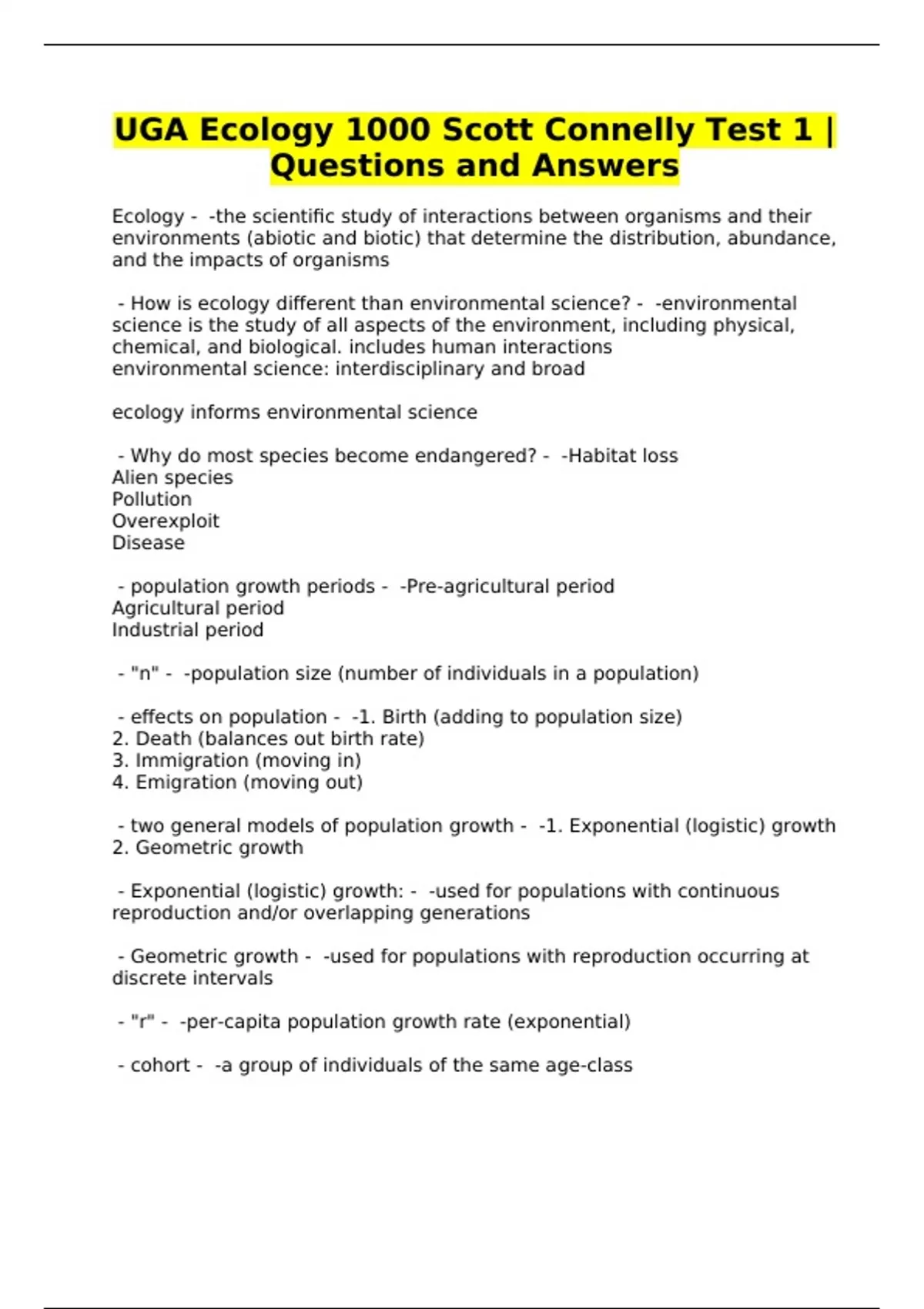 UGA Ecology 1000 Scott Connelly Test 1 |Questions and Answers - UGA ...