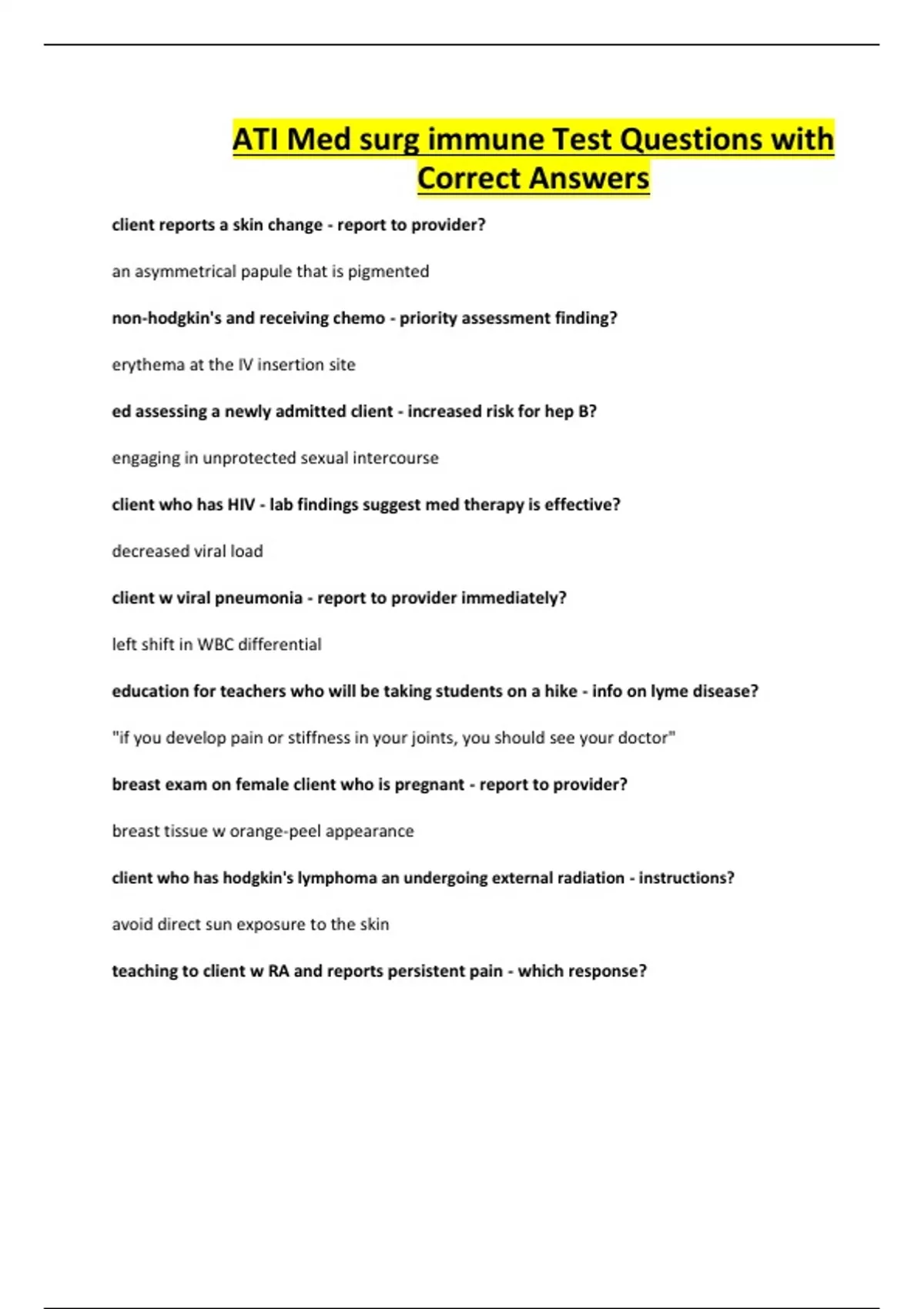 ATI Med surg immune Test Questions with Correct Answers - ATI Med surg ...