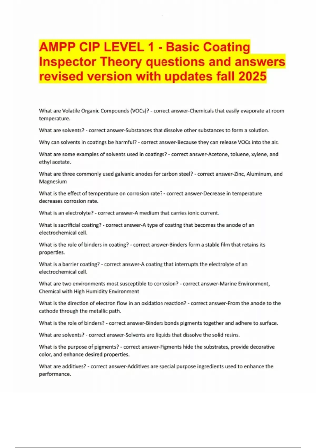 AMPP CIP LEVEL 1 - Basic Coating Inspector Theory questions and answers ...