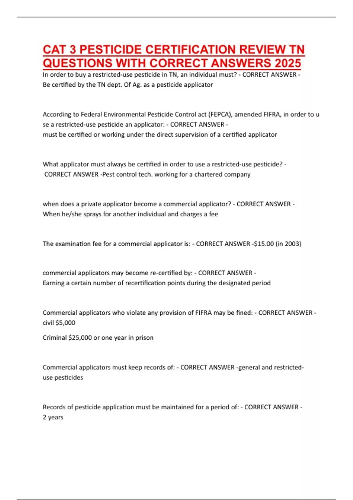 CAT 3 PESTICIDE CERTIFICATION REVIEW TN QUESTIONS WITH CORRECT ANSWERS ...