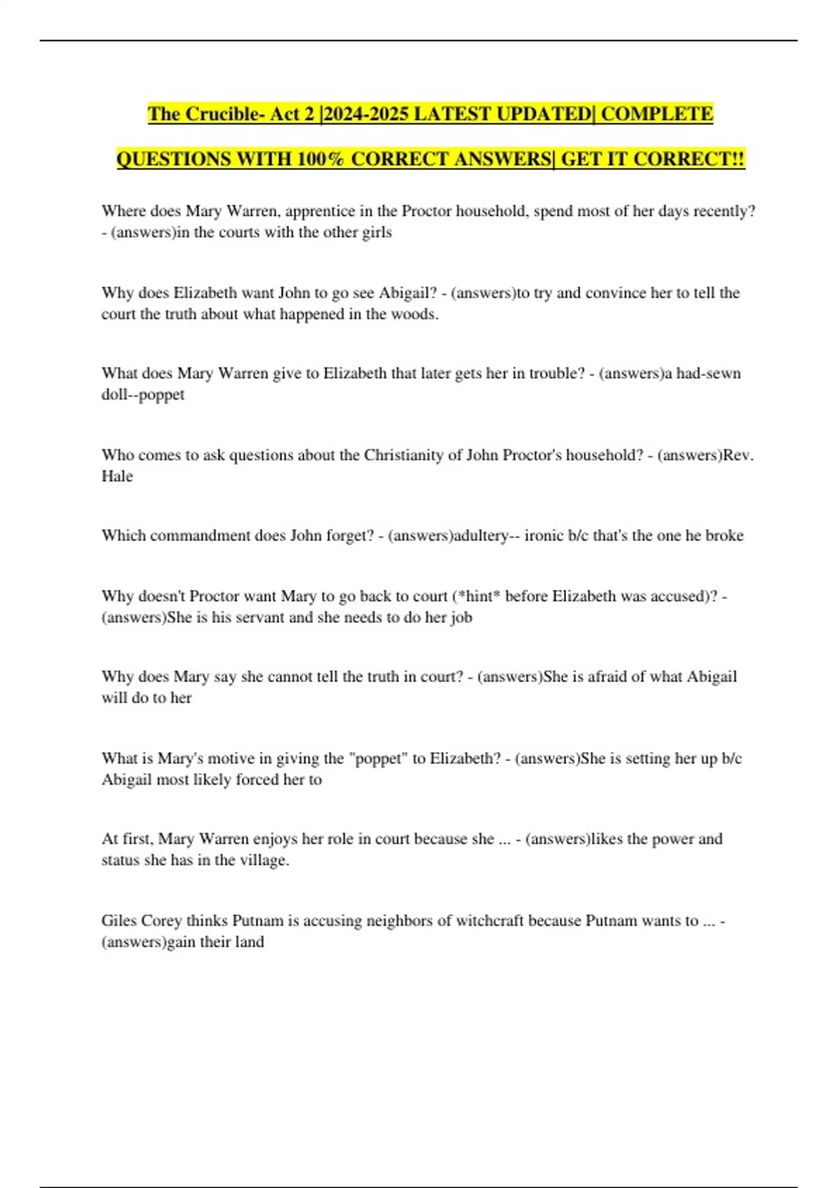 The Crucible- Act 2 | LATEST UPDATED| COMPLETE QUESTIONS WITH 100% ...