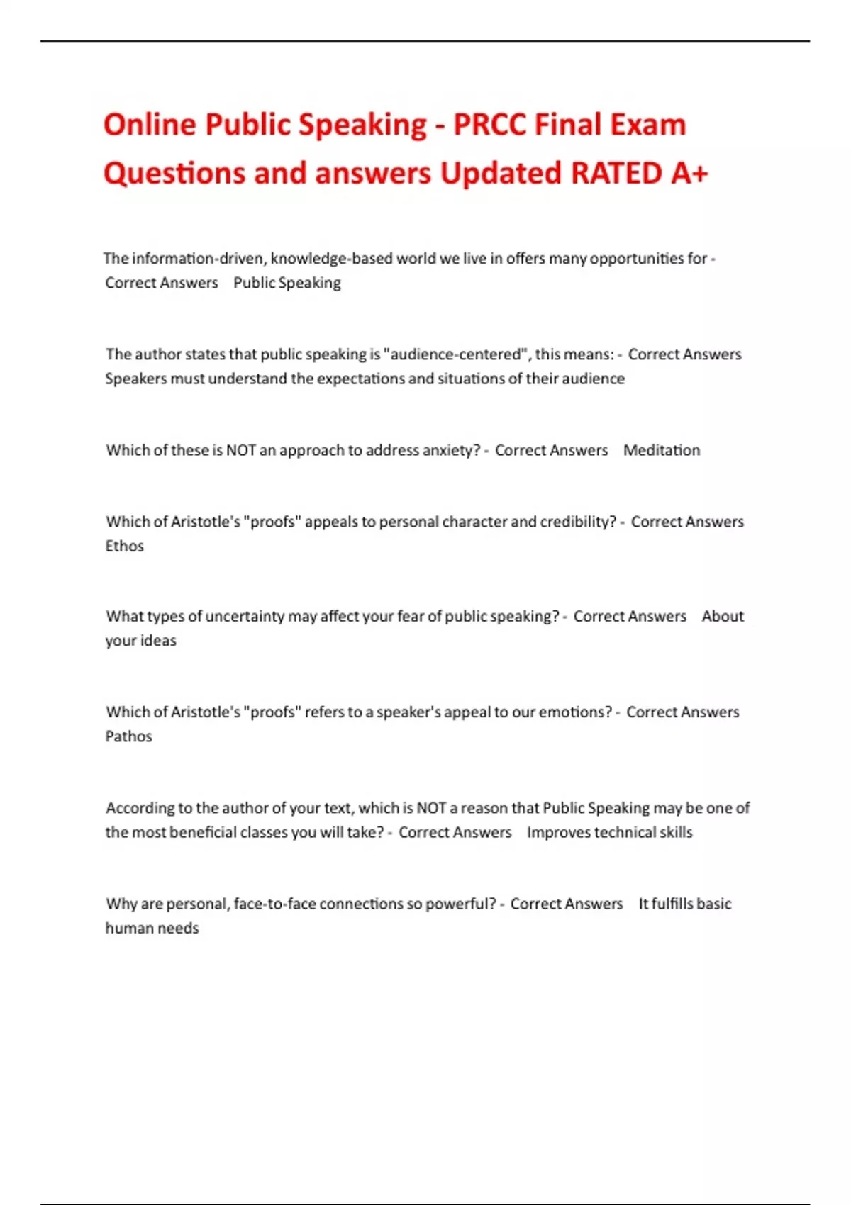 Online Public Speaking - PRCC Final Exam Questions and answers Updated ...