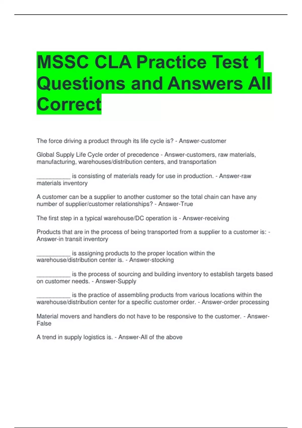 MSSC CLA Practice Test 1 Questions and Answers All Correct - MSSC CLA ...