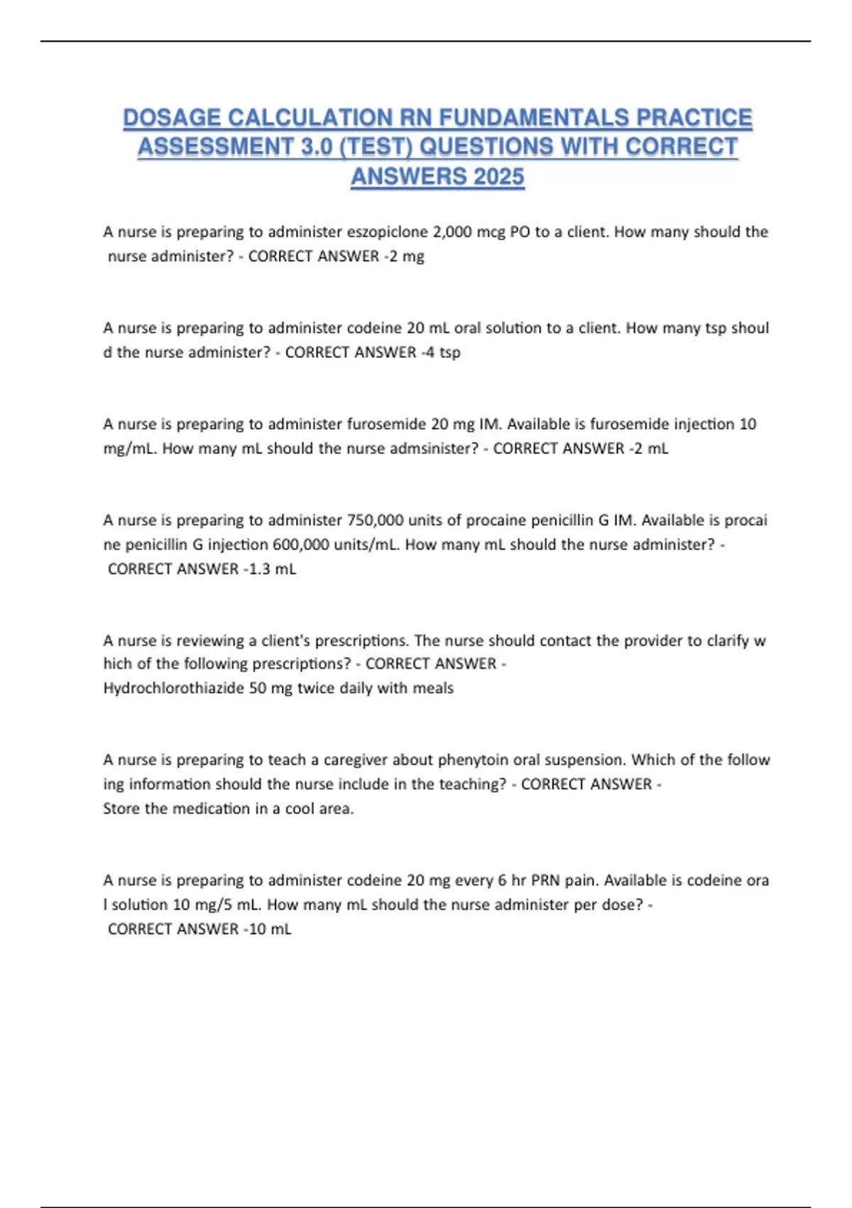 DOSAGE CALCULATION RN FUNDAMENTALS PRACTICE ASSESSMENT 3.0 (TEST ...