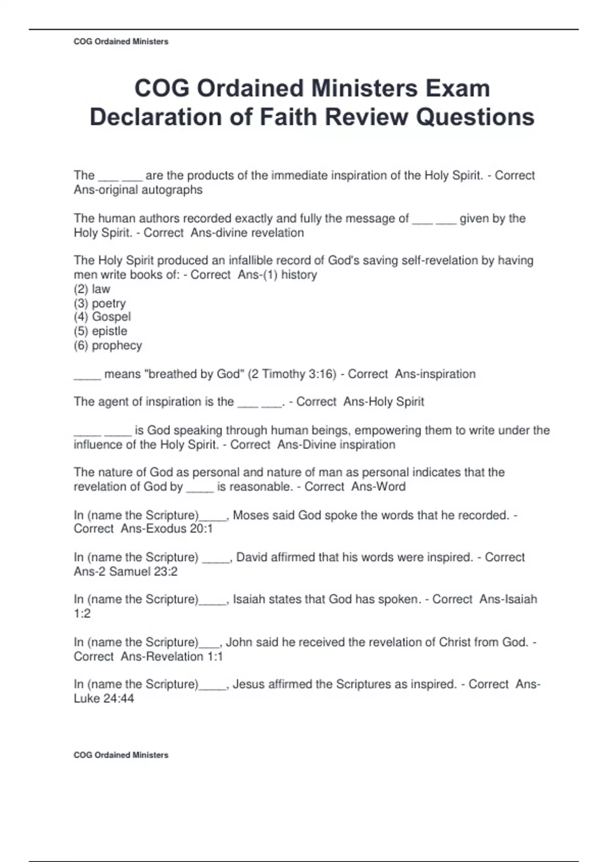 COG Ordained Ministers Exam Declaration of Faith Review Questions - COG ...