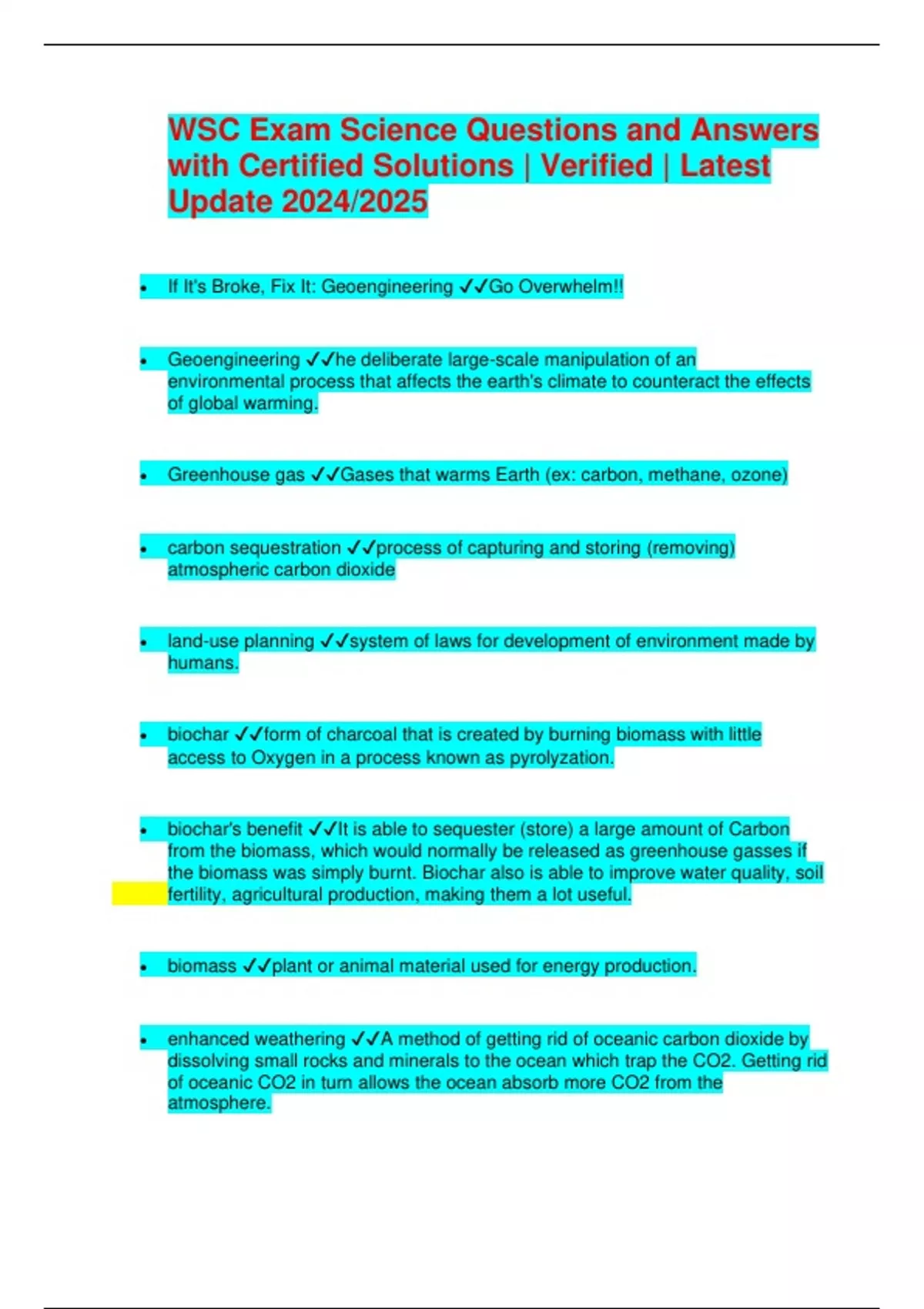 WSC Exam Science Questions and Answers with Certified Solutions ...