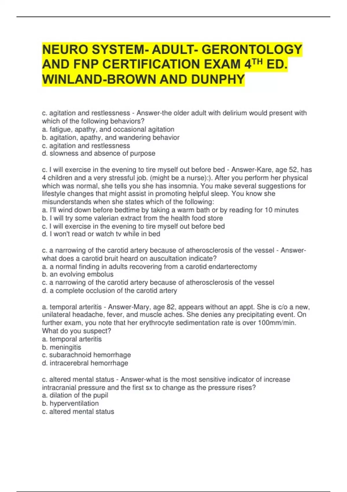 NEURO SYSTEM- ADULT- GERONTOLOGY AND FNP CERTIFICATION EXAM 4TH ED ...