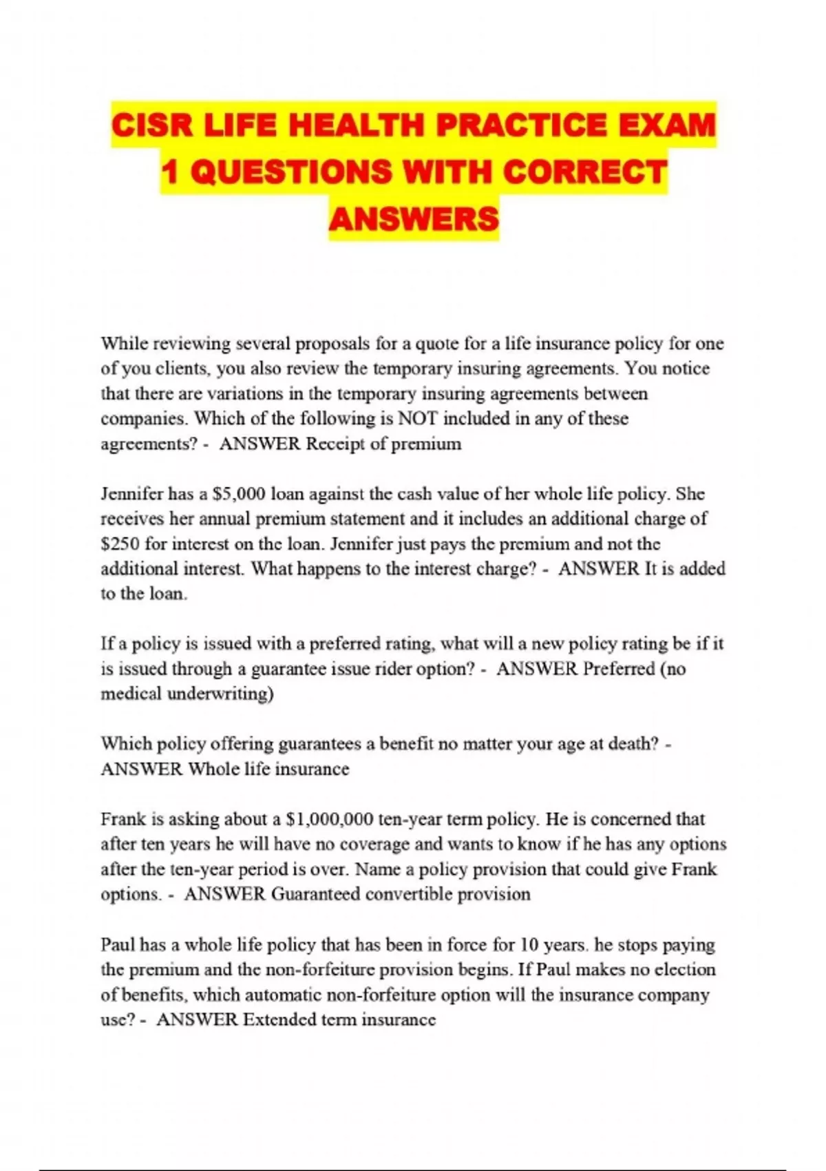 CISR LIFE HEALTH PRACTICE EXAM 1 QUESTIONS WITH CORRECT ANSWERS - CISR ...