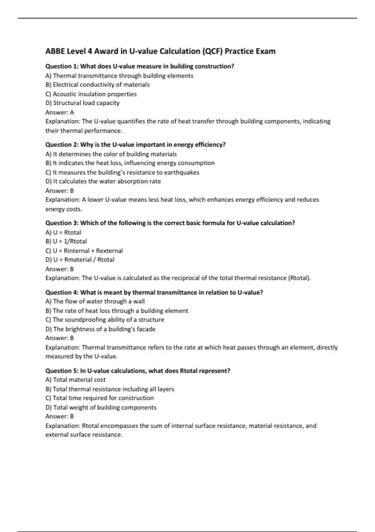 ABBE Level 4 Award in U-value Calculation (QCF) Practice Exam ...
