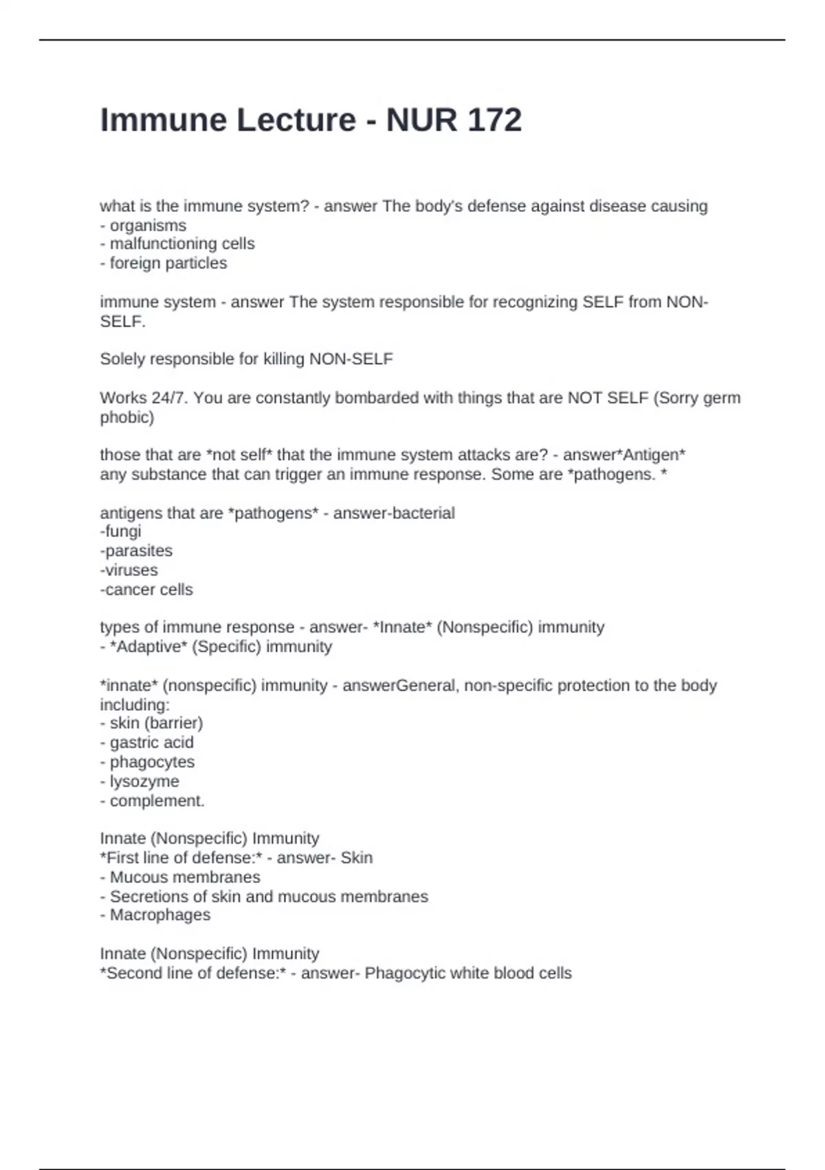 Immune Lecture - NUR 172 Questions with Correct Answers - NUR 172 - Stuvia US