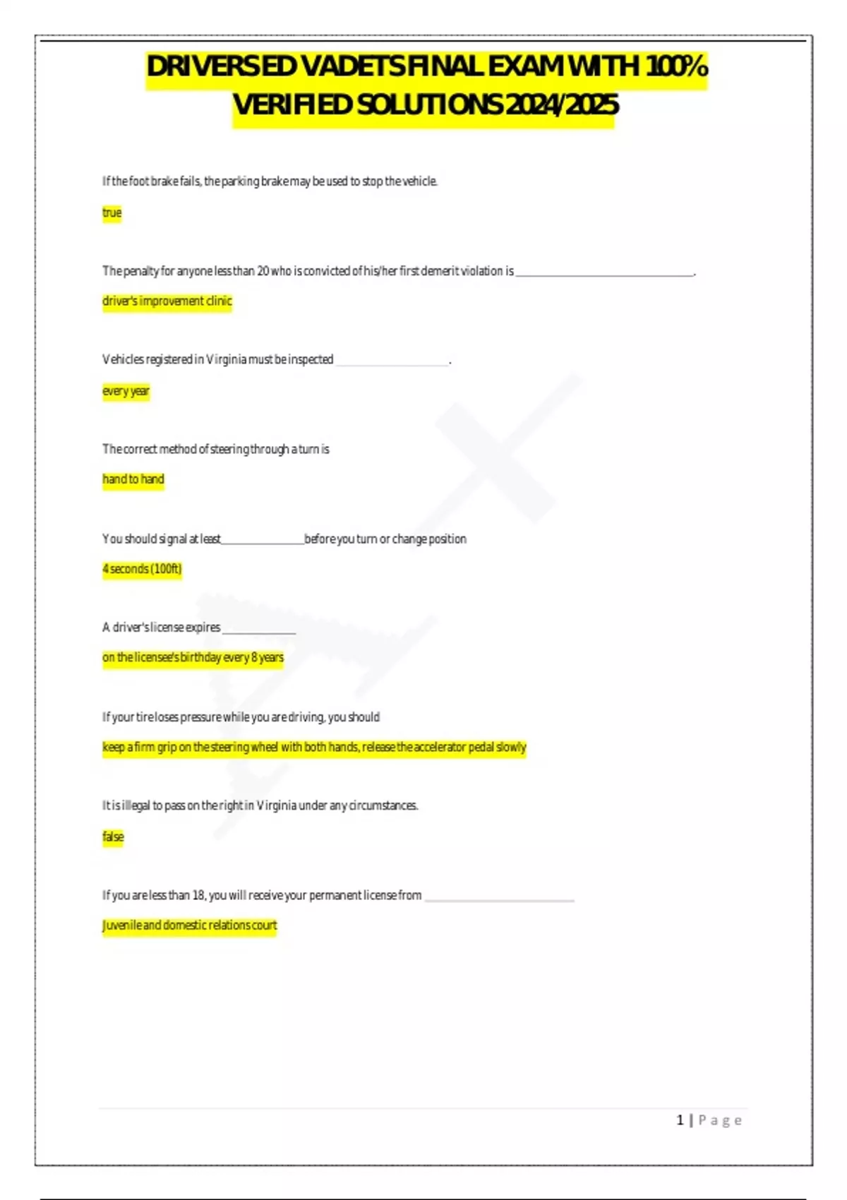 DRIVERS ED VADETS FINAL EXAM WITH 100% VERIFIED SOLUTIONS 2024/2025 ...