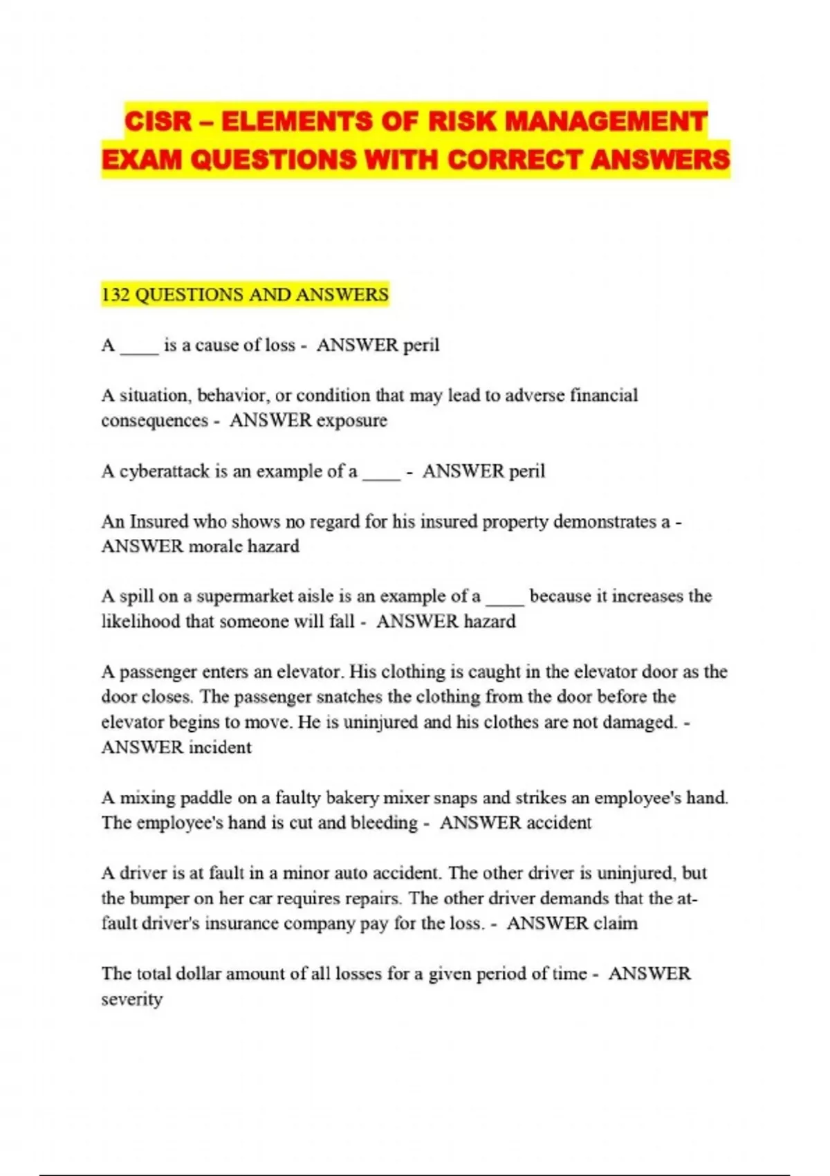 CISR – ELEMENTS OF RISK MANAGEMENT EXAM QUESTIONS WITH CORRECT ANSWERS ...